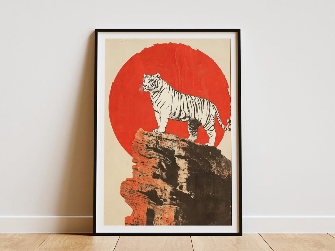 Modroom White Tiger Poster Red Sky Print Tiger Art Animal Wall Art ...