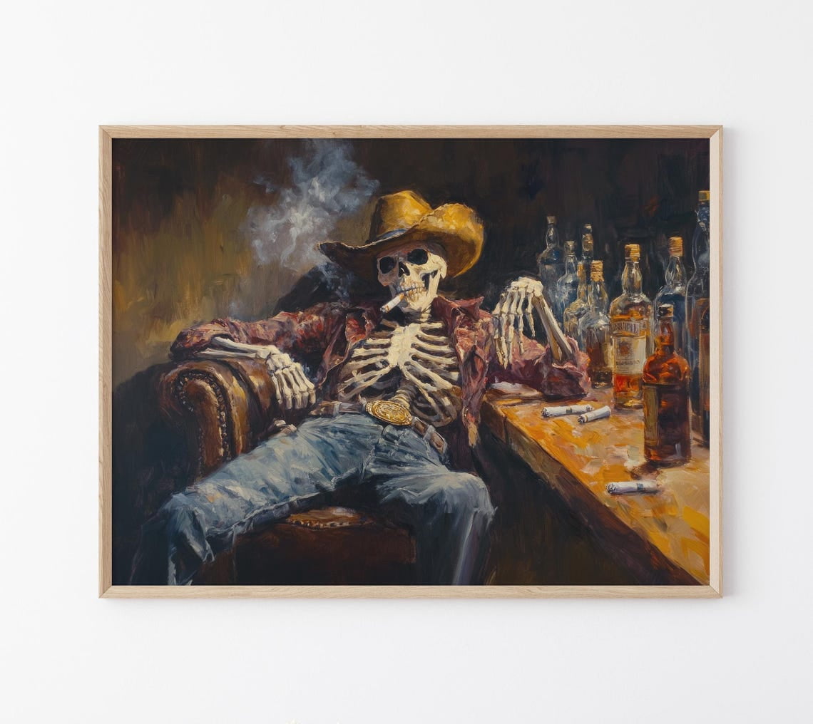 Modroom Wild West Remains Skeleton Cowboy In A Bar Print | Western Wall ...