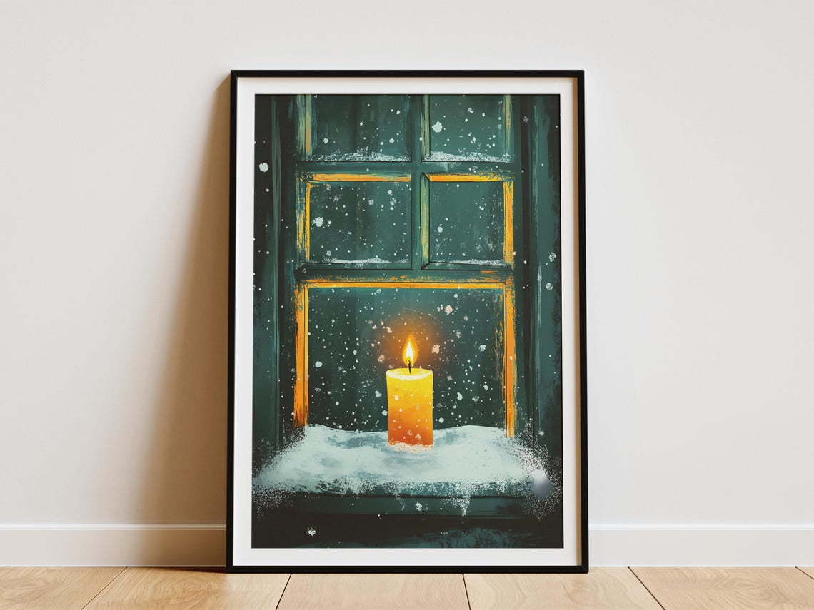 Modroom Winter Candlelight Window Poster Cozy Snowy Windowsill Poster ...