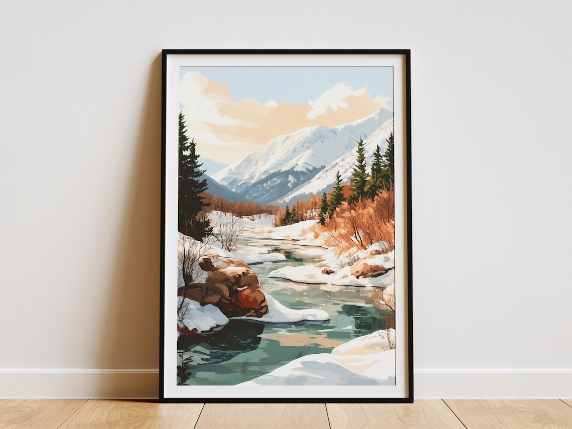 Modroom Winter River Landscape Poster Snowy Mountain Scene Frozen River ...
