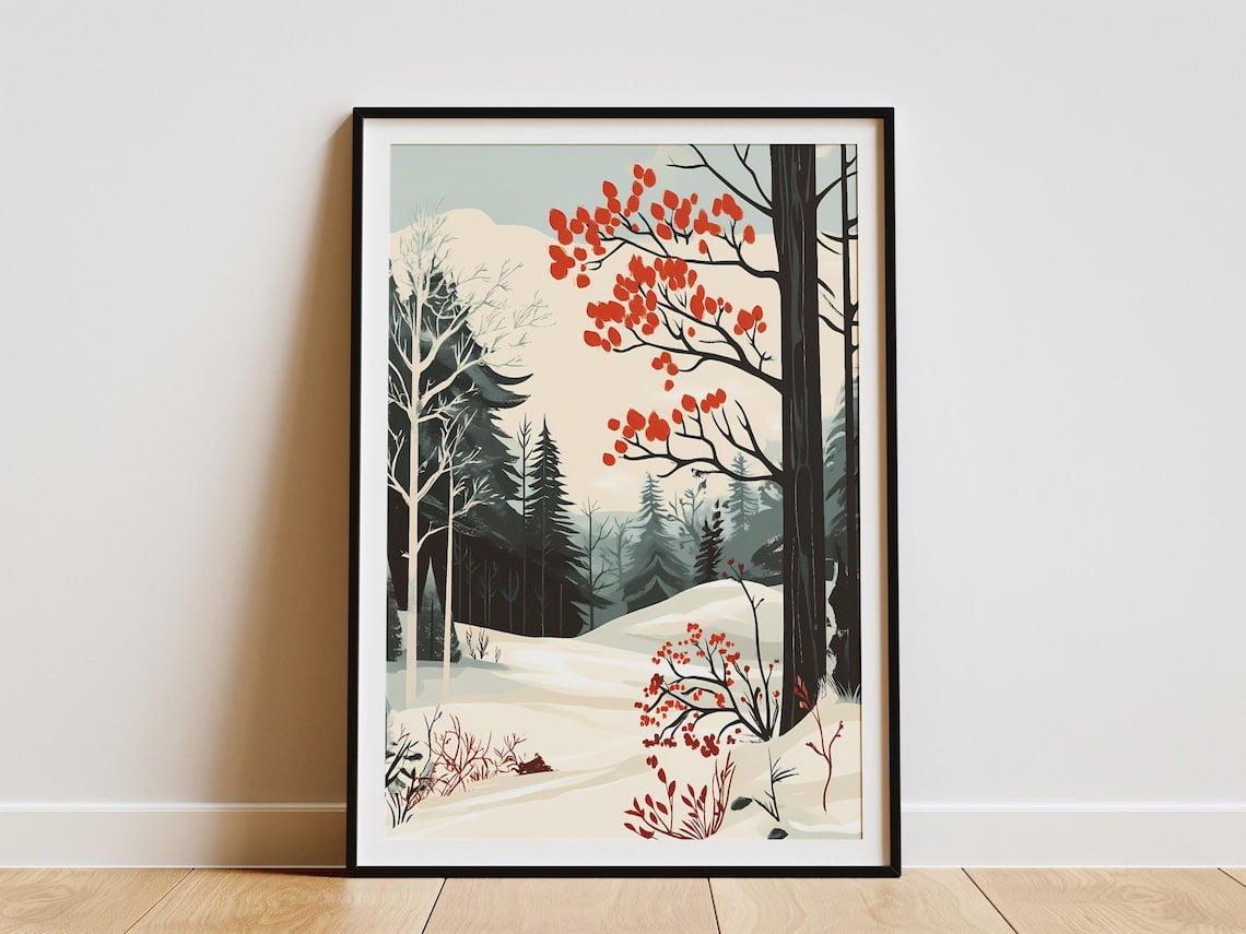 Modroom Winter Woodland Poster Snowy Forest Red Berries Branches ...