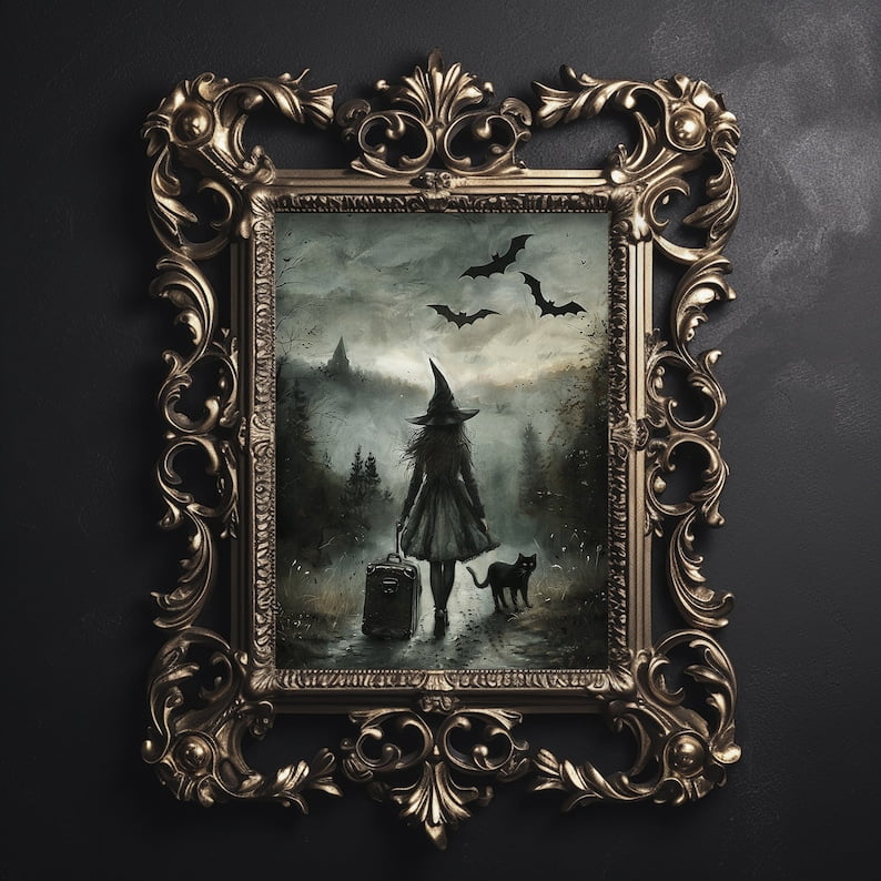 Modroom Witch Walking with Cat in Field Poster, Rustic Gothic Dark ...