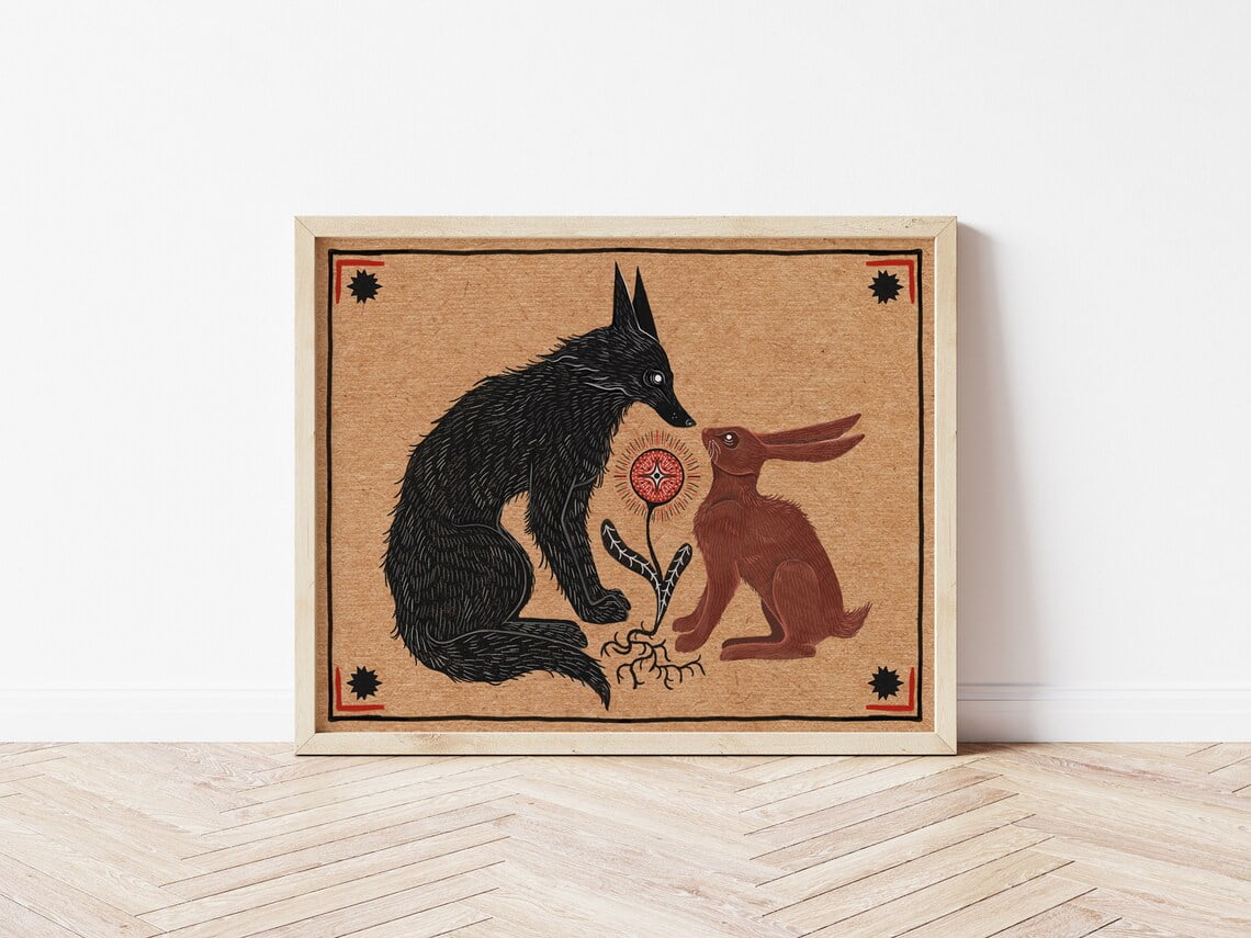 Modroom Wolf And Hare Folk Art Nature Print - Cottagecore Botanical ...