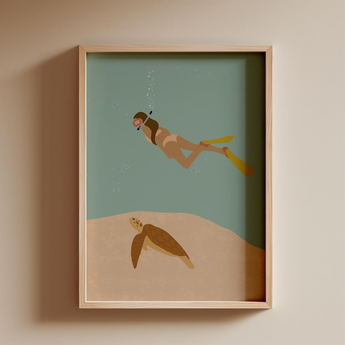 Modroom Woman Diving With Sea Turtle Poster, Minimalist Woman Ocean ...