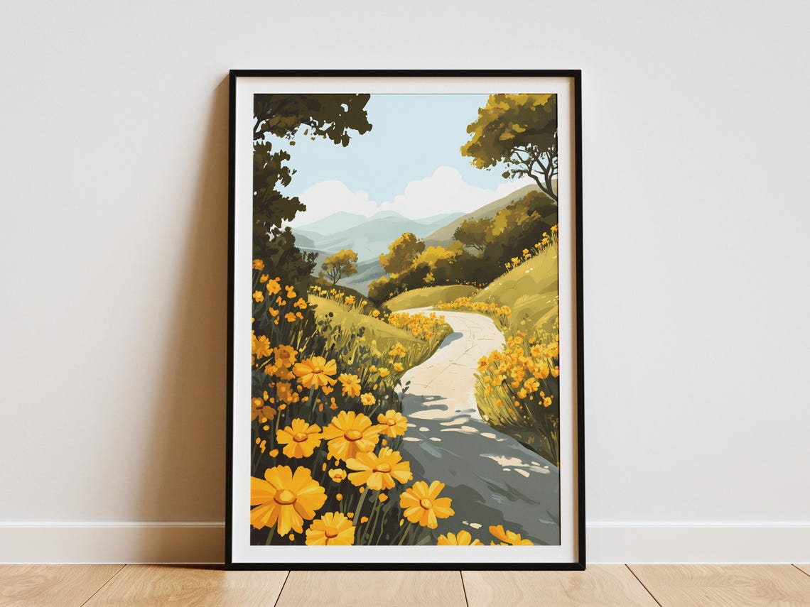 Modroom Yellow Marigold Flowers Country Road Landscape Poster Print ...