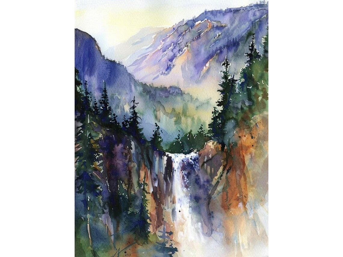 Modroom Yosemite Waterfalls Painting National Park Watercolor Art Print ...
