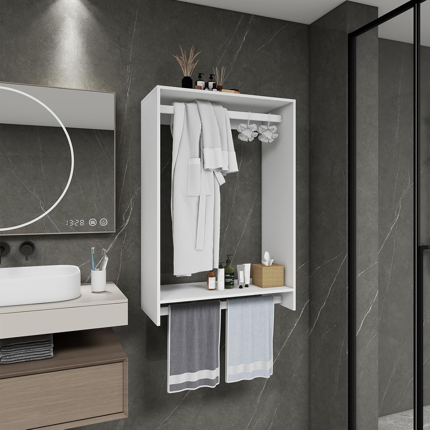 Modular Closet Organizer System with 2 Hanging Rails Shelves Wall Mount ...