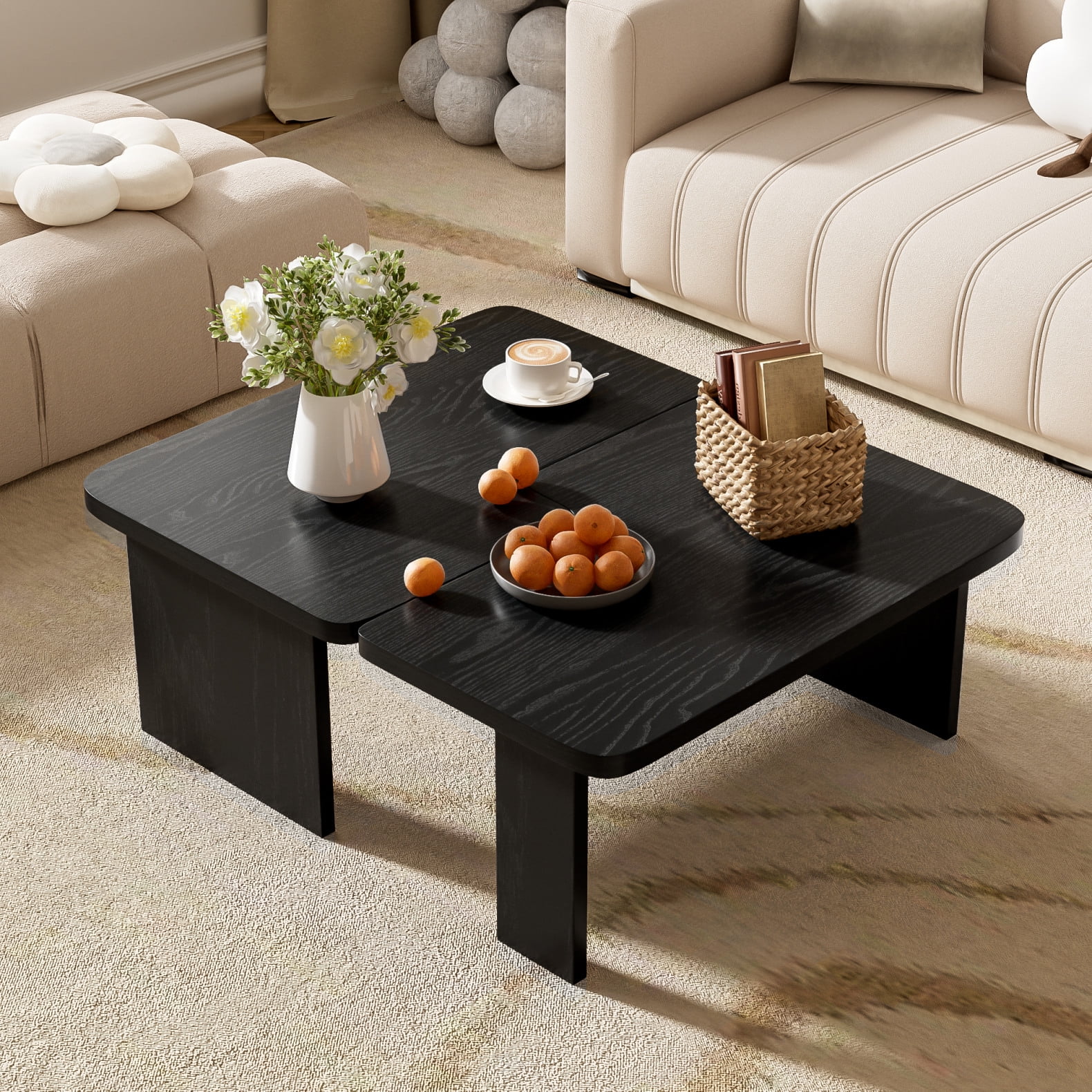 Modular Coffee Table Set, Wood Rectangle Table with Splicing Design ...
