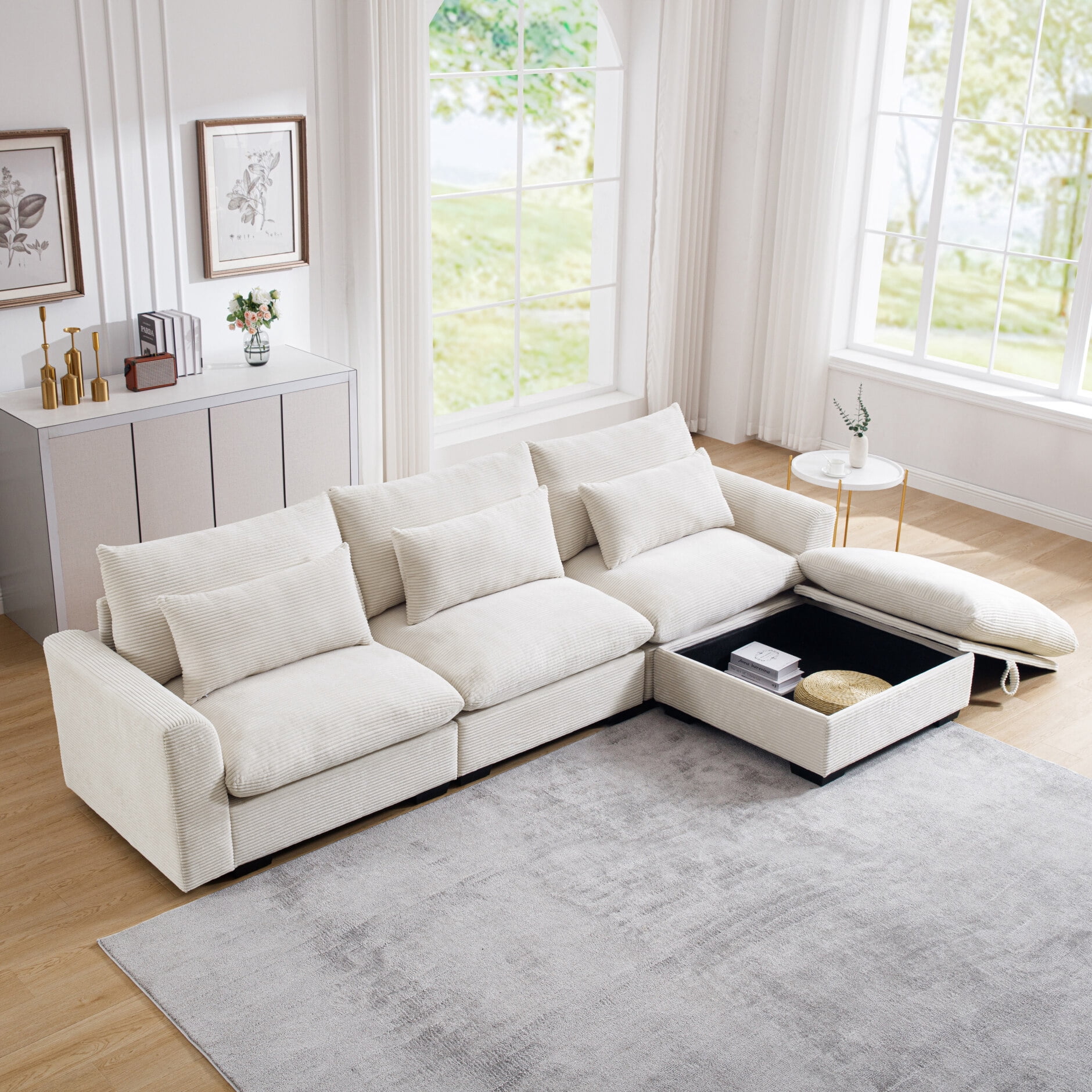 Modular Corduroy L-Shaped Sectional Sofa with Storage Footstool & 3 ...