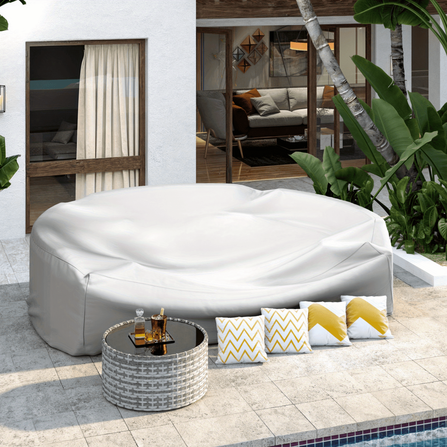 Modular Curved Rattan Sofa Set with Furniture Accessories Includes a ...