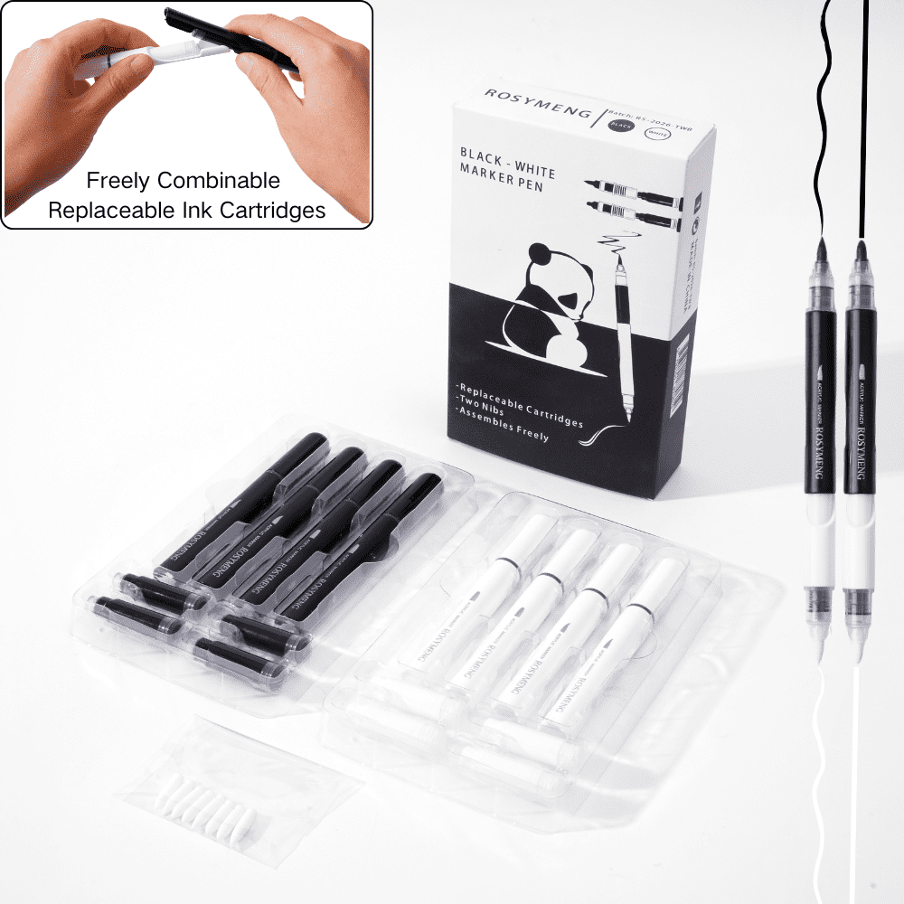 Modular Dual-Tip Black and White Acrylic Paint Markers, 8 Refillable ...
