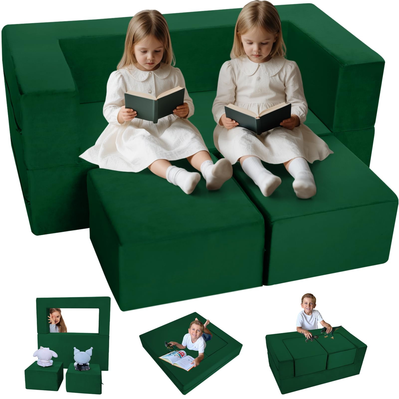 Modular Kids Play Couch Sofa – Green Convertible Toddler Couch, Fold ...