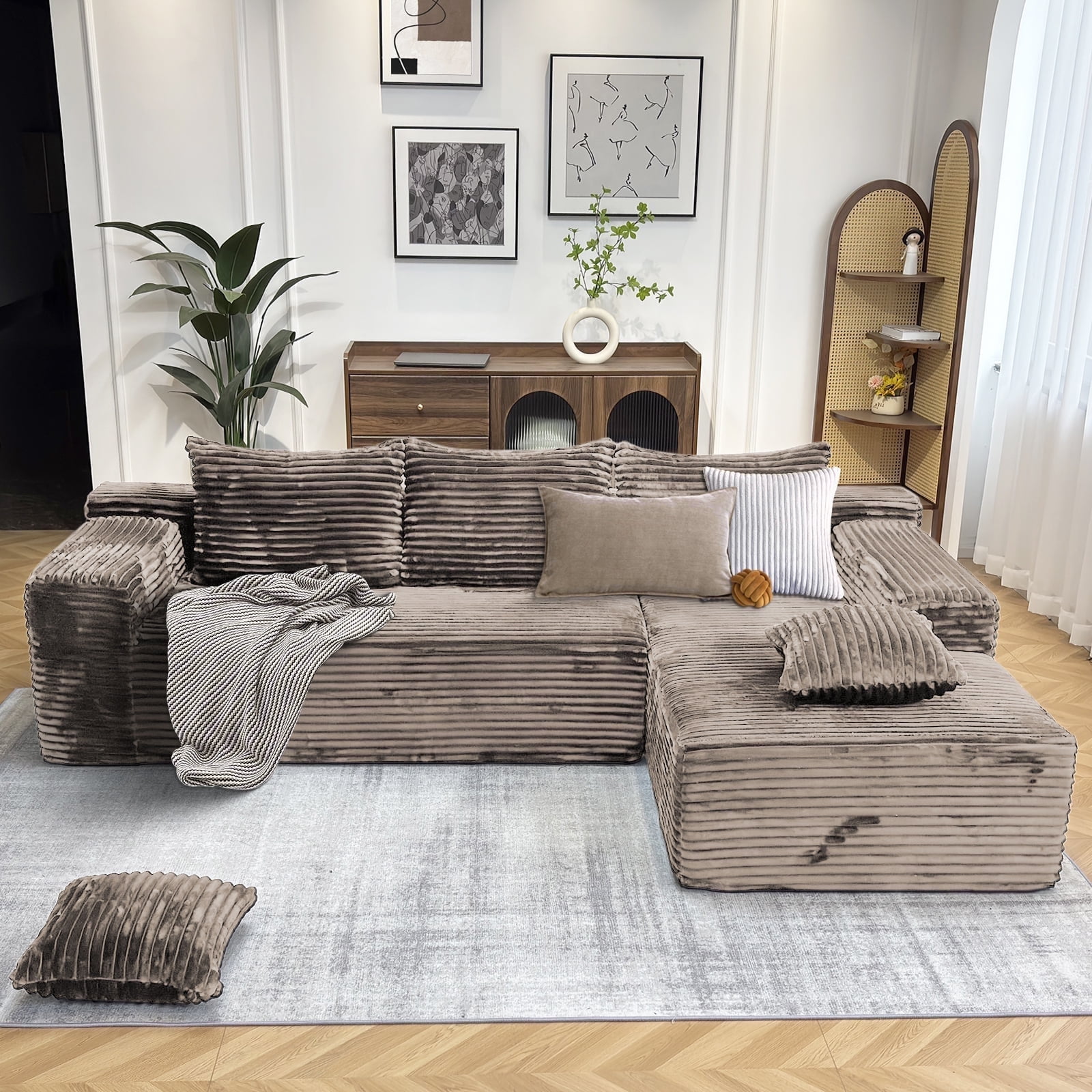 Kelyda 104" Modular L-Shape Faux Rabbit Fur Sofa with Chaise, Deep Seat ...