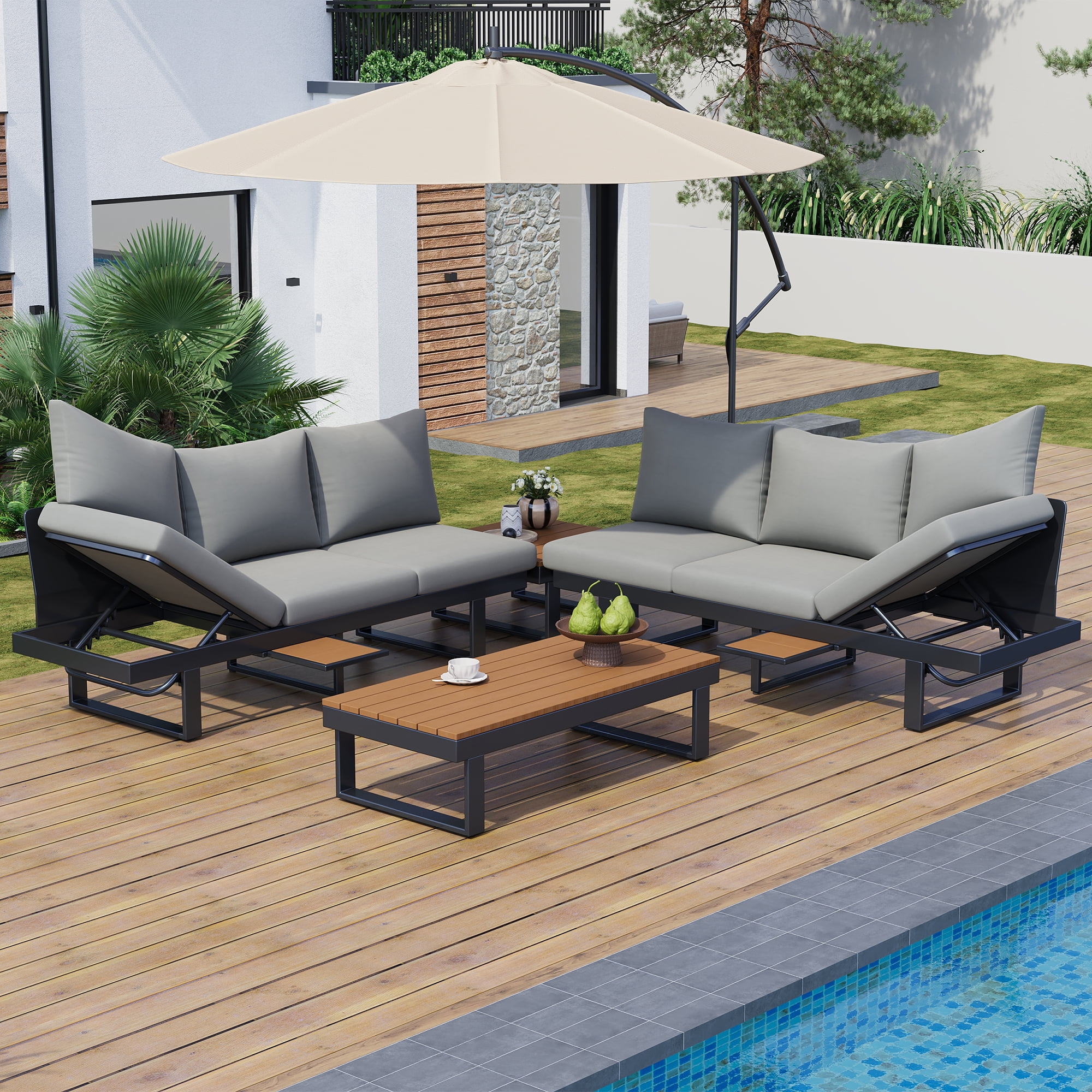 Modular Outdoor Sofa Set with Reclining Seats, Coffee Tables & Pull-Out ...