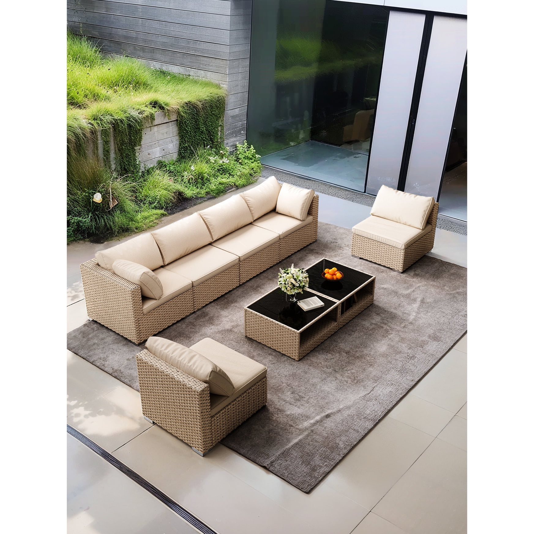 Modular Patio Sofa Set with UV-Resistant Wicker and Glass-Top Coffee ...
