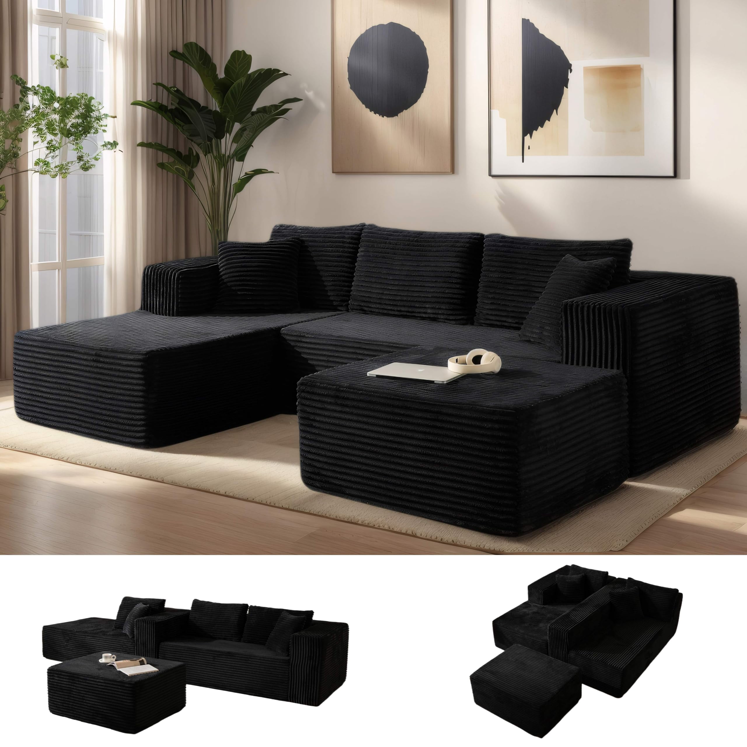 Modular Sectional Compression Boneless Plush Corduroy Couches for Living Room, Cloud U Shaped ...