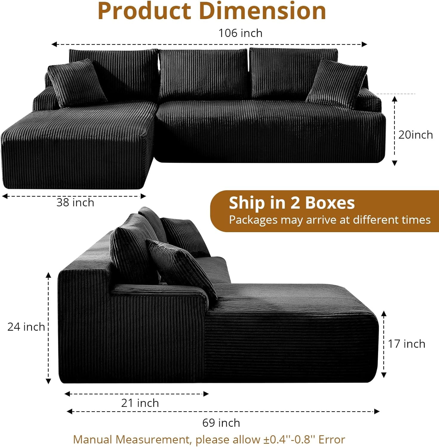 Modular Sectional Sofa, 106” Cloud Sectional Couch with L-Shape Chaise/Deep Seat/Armrest/Plush ...