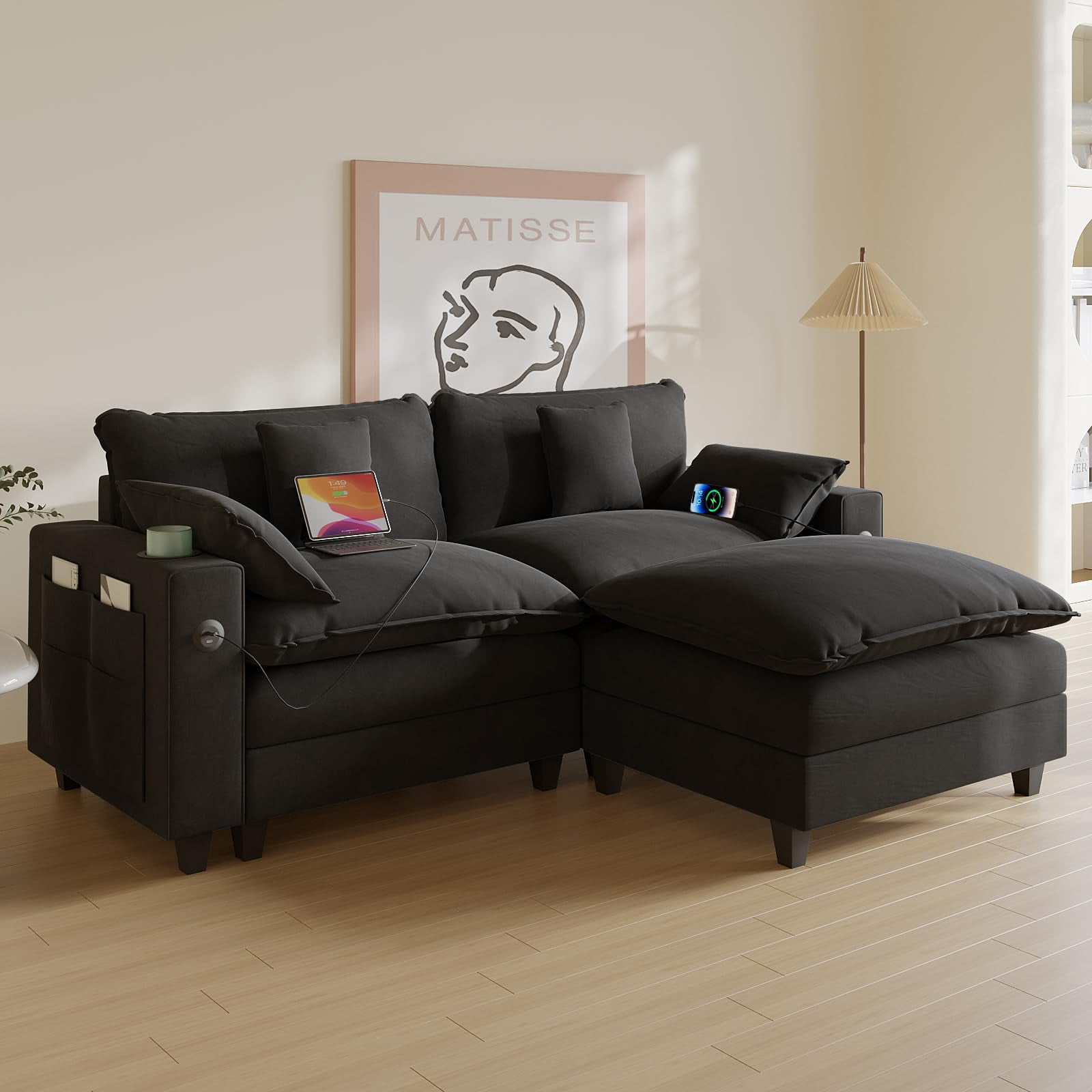 Modular Sectional Sofa, Cloud Couch with Ottoman, Charging Station, Throw Pillows, Cup Holders ...