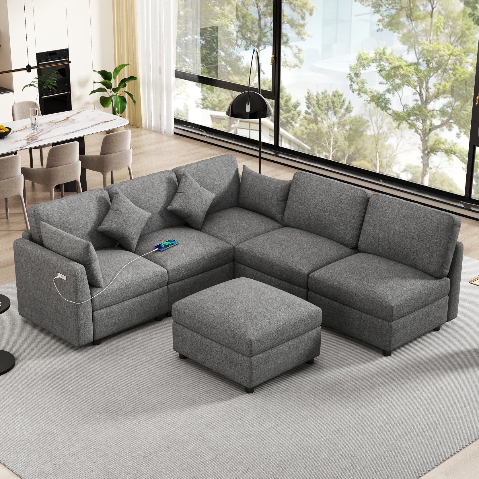 Modular Sectional Sofa, Convertible L-shaped Cloud Couch with Charging Station and Movable ...