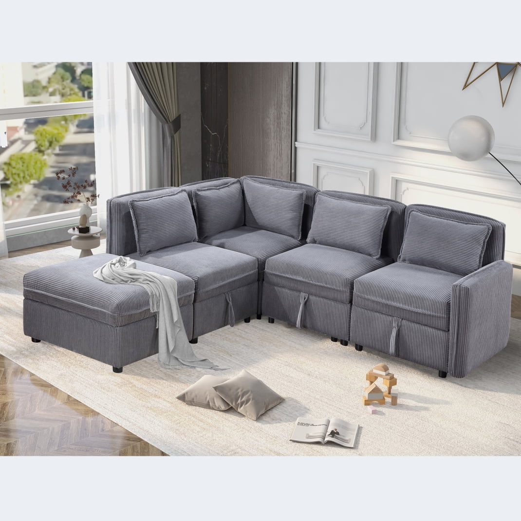 Modular Sectional Sofa L-Shape Couch with Storage, Corduroy Upholstered ...