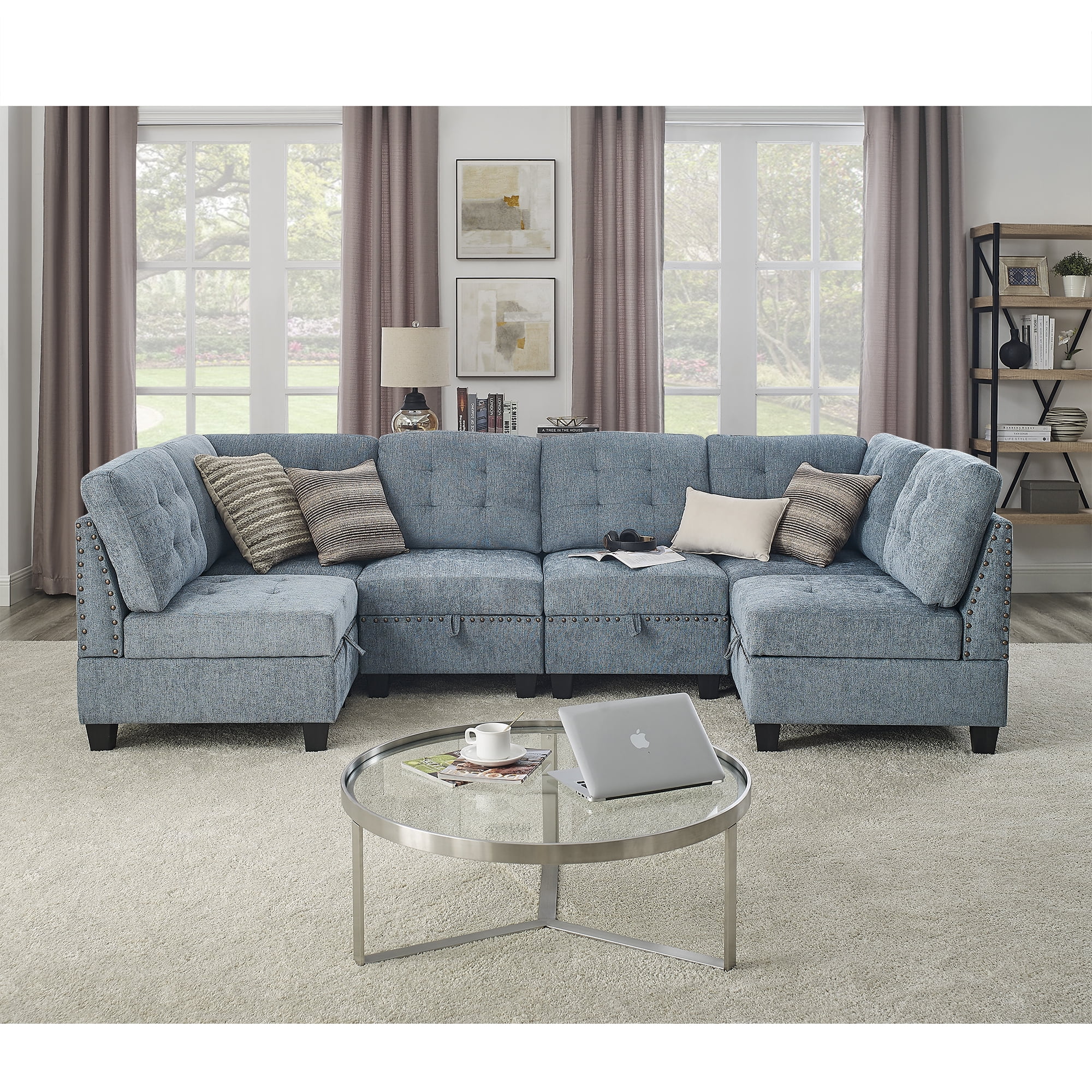 Modular Sectional Sofa, Navy Chenille, Customizable U Shape, 4 Single ...