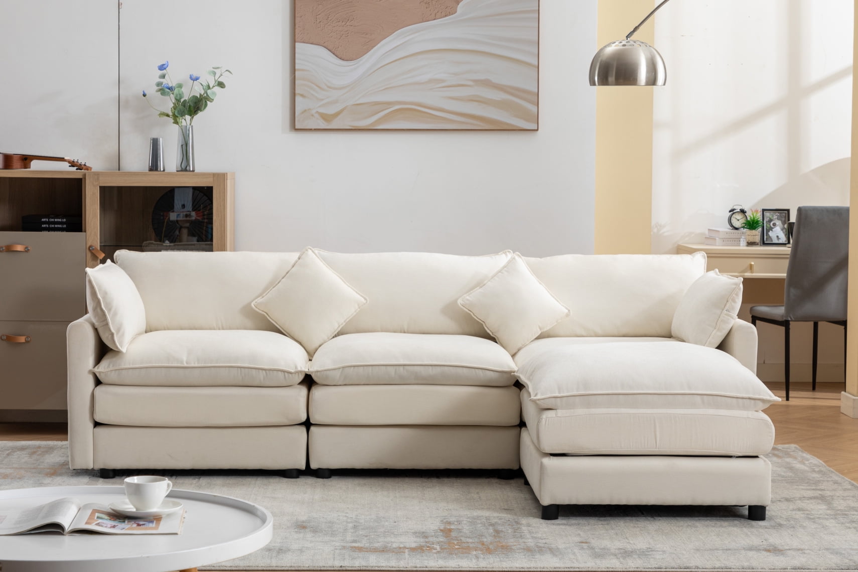 Modular Sectional Sofa with Removable Ottoman, Oversized 3-Seater Chenille Overstuffed Sofa ...