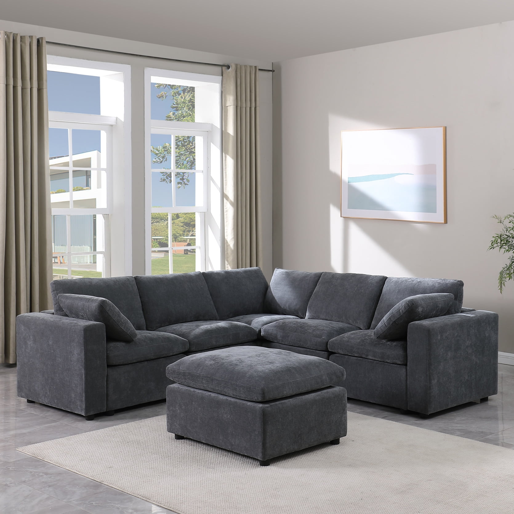 Modular Sectional Sofa with Reversible Chaise and Ottomans, 6-Seat ...