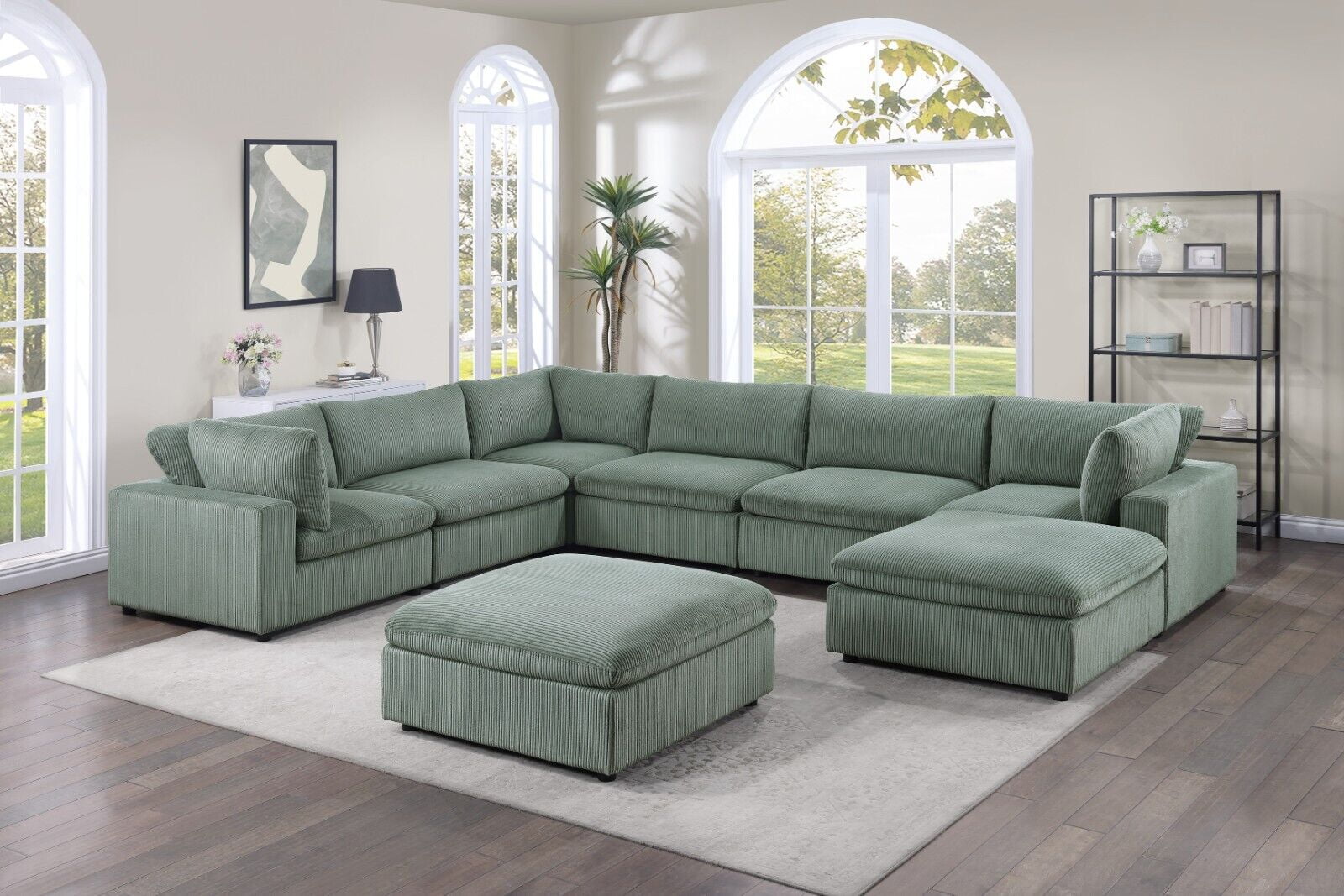 8pc Sage Corduroy Modular Sofa Set (3x Corner Wedge, 3x Chairs, 2x ...