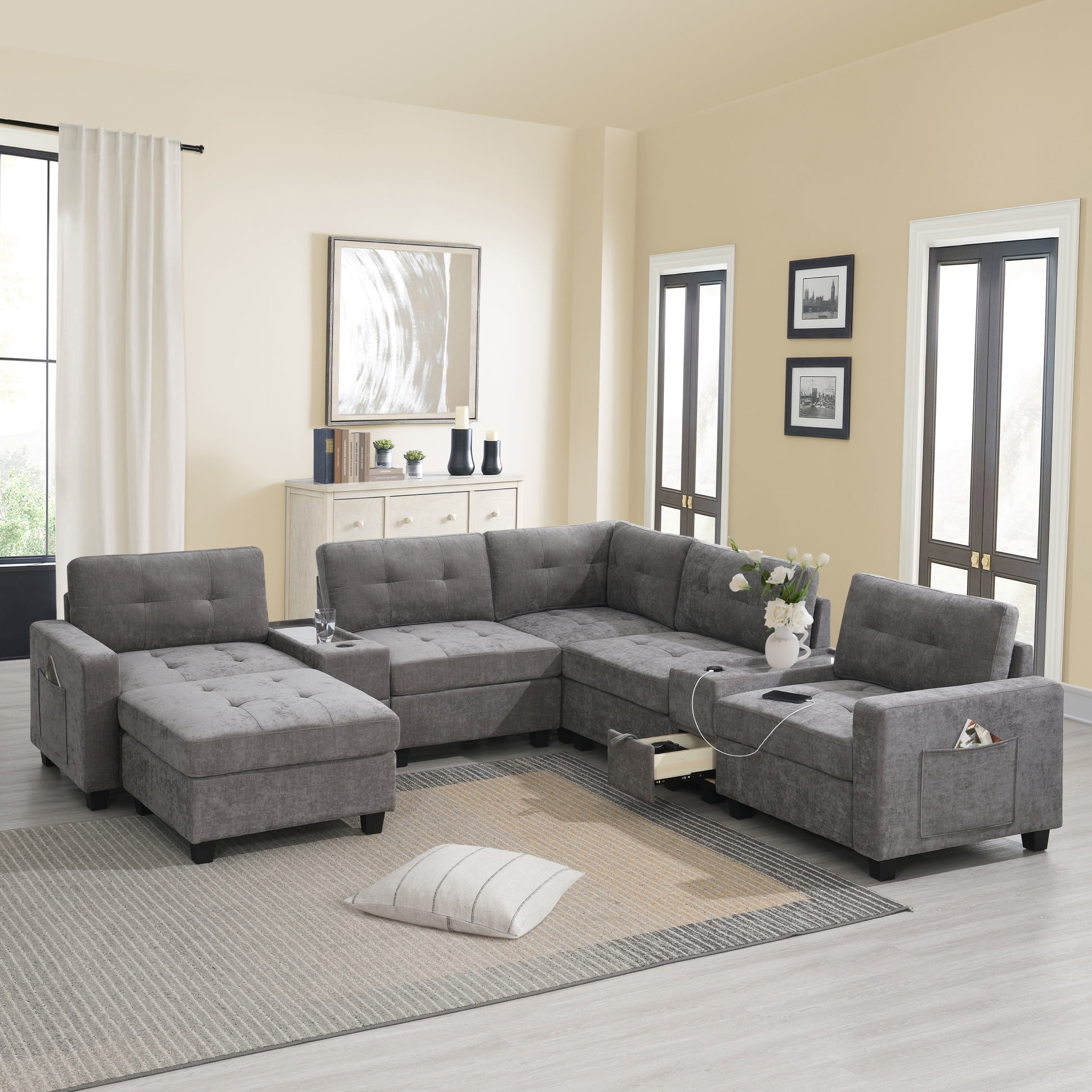 Modular Sectional Sofa Set with Chenille Upholstery, 2 Consoles & USB ...