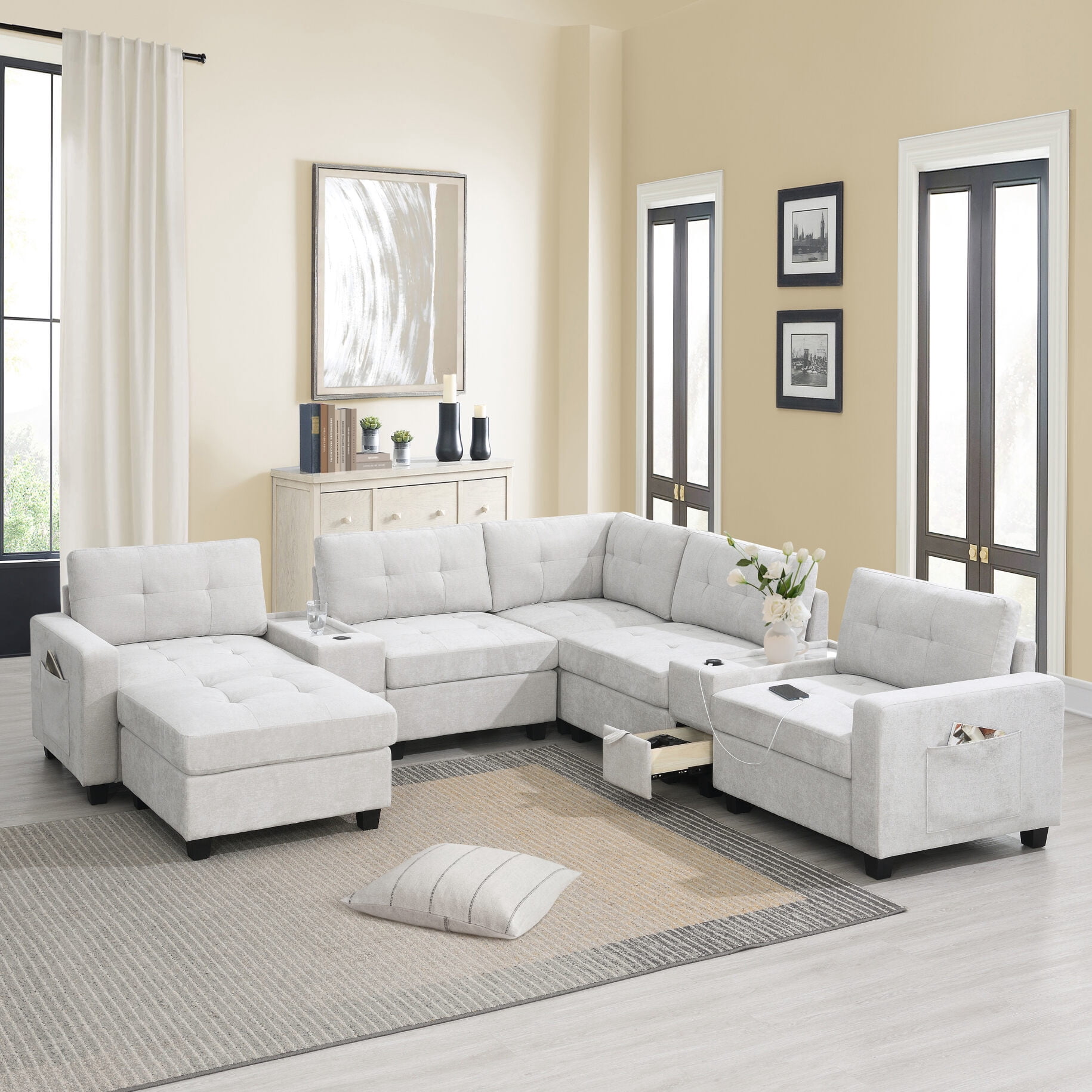 Modular Sectional Sofa Set with Ottoman & 2 Consoles, Chenille ...
