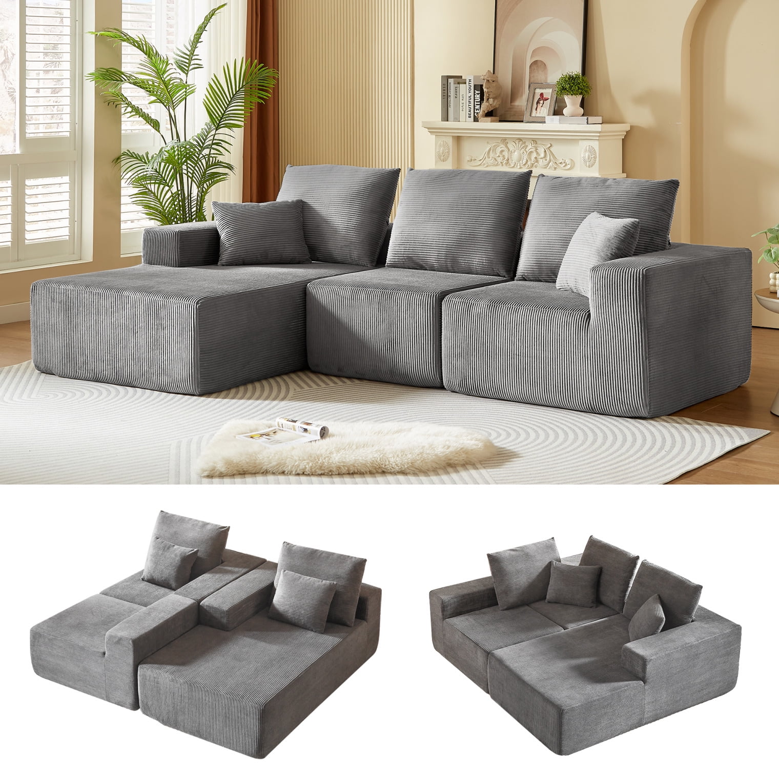 Modular Sectional Sofa with L-Shaped Cloud Couch, Corduroy Fabric Deep ...