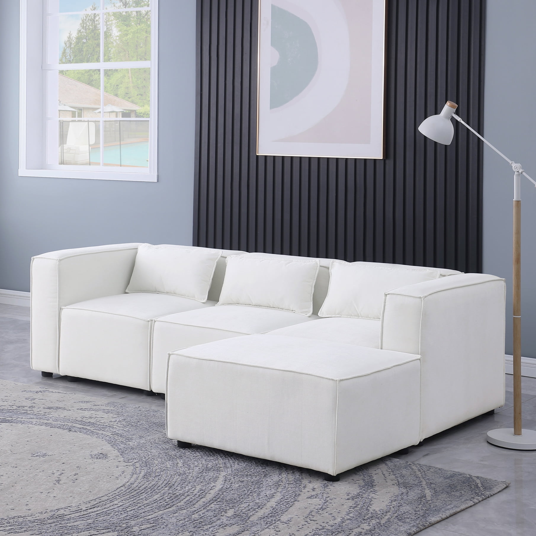 Modular Sofa with Beige Chenille Fabric - Ultra-Soft Cushions & Knock ...