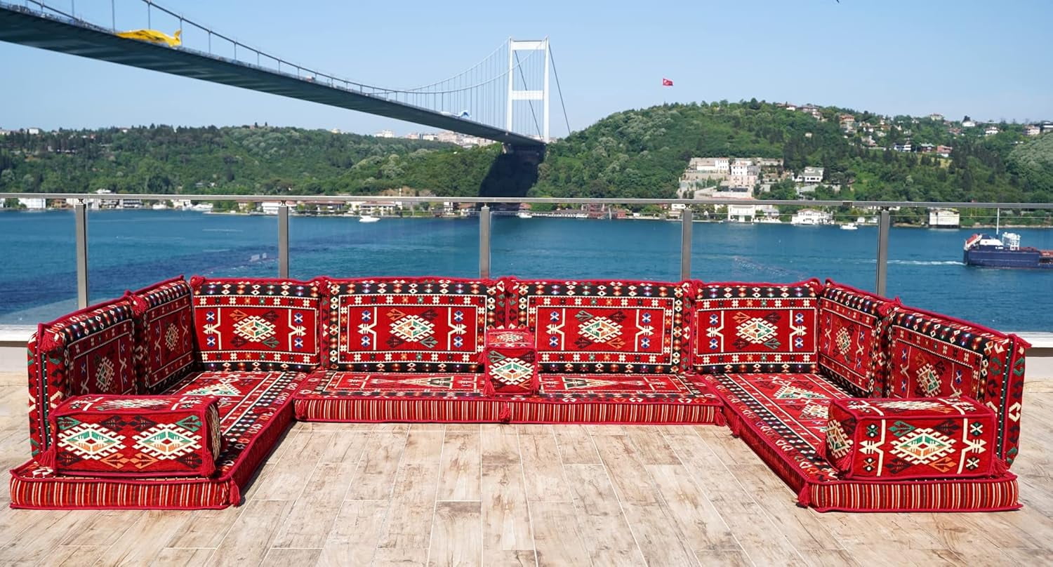 Modular Sofa, U Shaped Red Diwan Sofa, Floor Seating Cushions, Turkish ...
