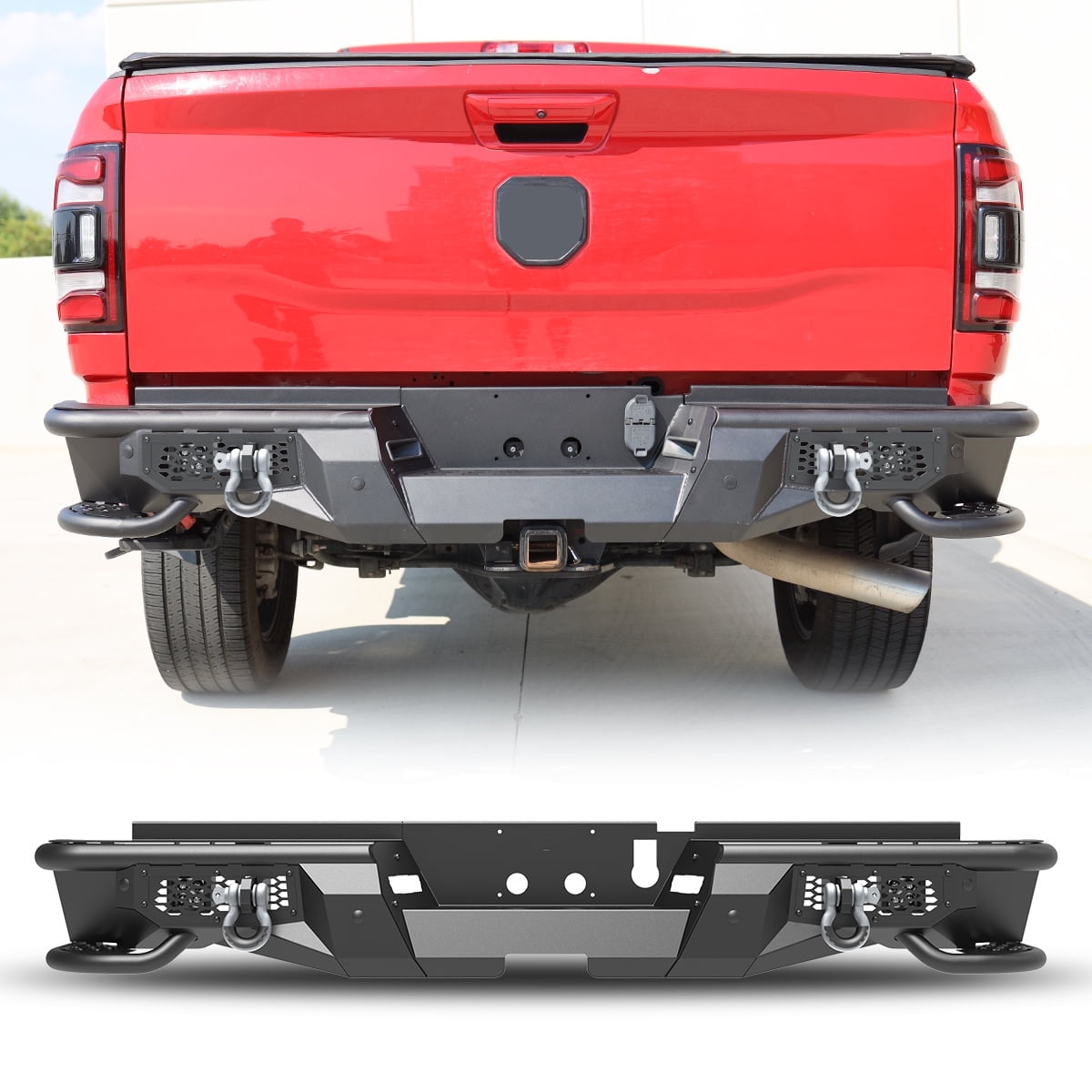 Modular Steel Rear Bumper For 2019-2024 Ram 2500 w/4" Pod Lights+D-Rings,Mounting hole for Spare ...