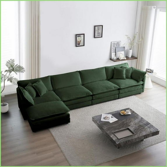 Modular U-Shaped 5-Seater Sectional Sofa with Ottoman | Green Chenille ...