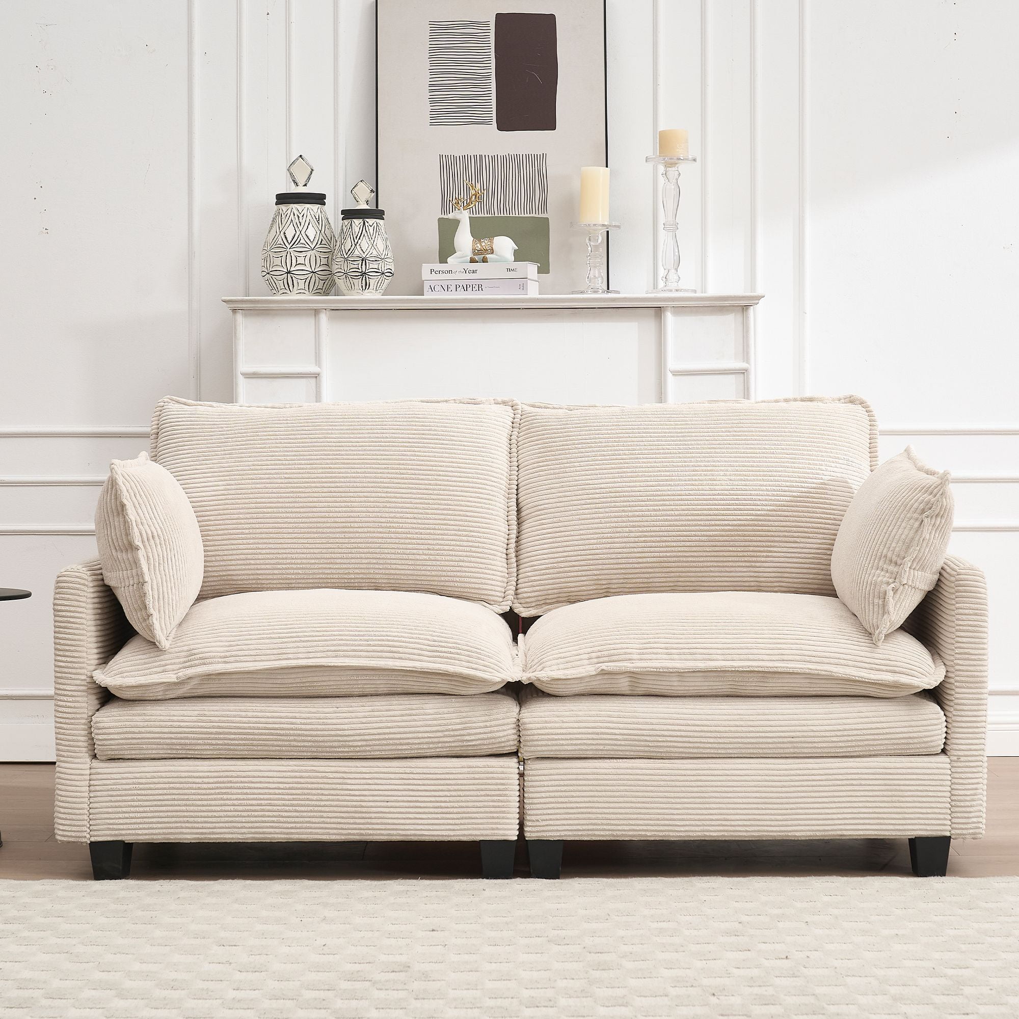 Modular Velvet U-Shaped Sectional Sofa - 2-Seat Deep Couch with 2 Lumbar Pillows, Plush Beige ...