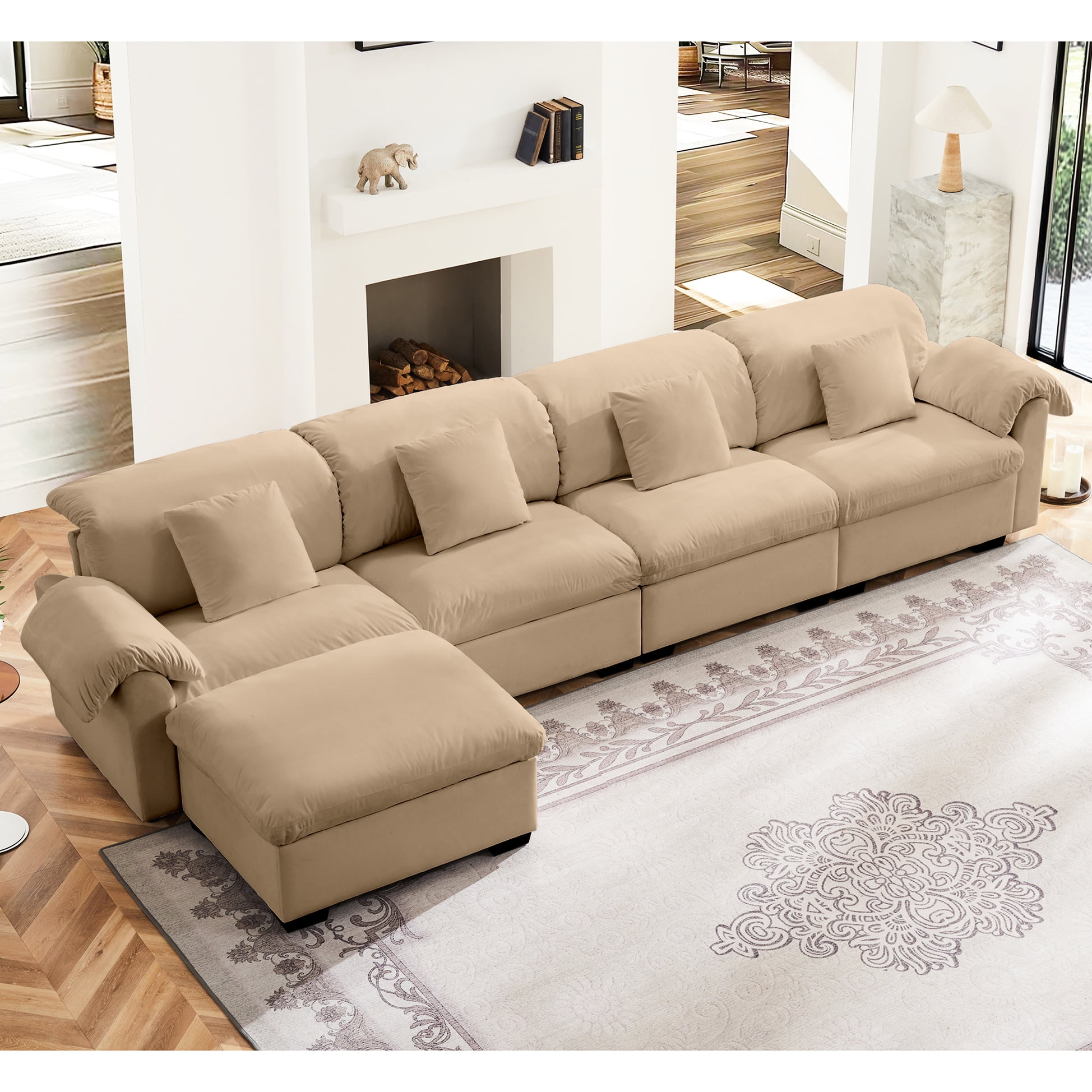 Modular With Storage And Soft Tan Velvet Fabric For Maximum Comfort Long Sectional Convenient ...