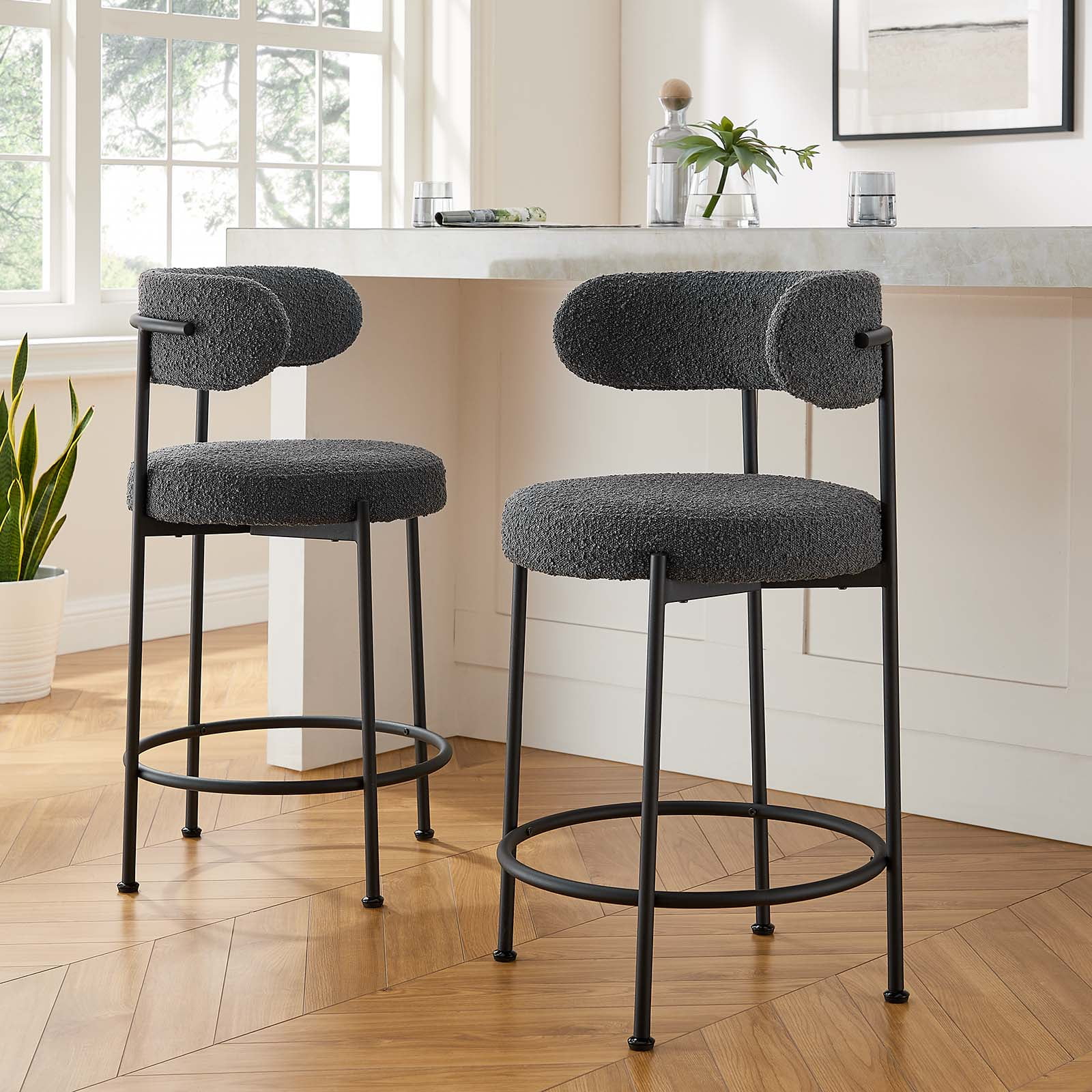 Modway Albie Boucle Fabric Counter Stools - Set of 2 in Charcoal Black ...