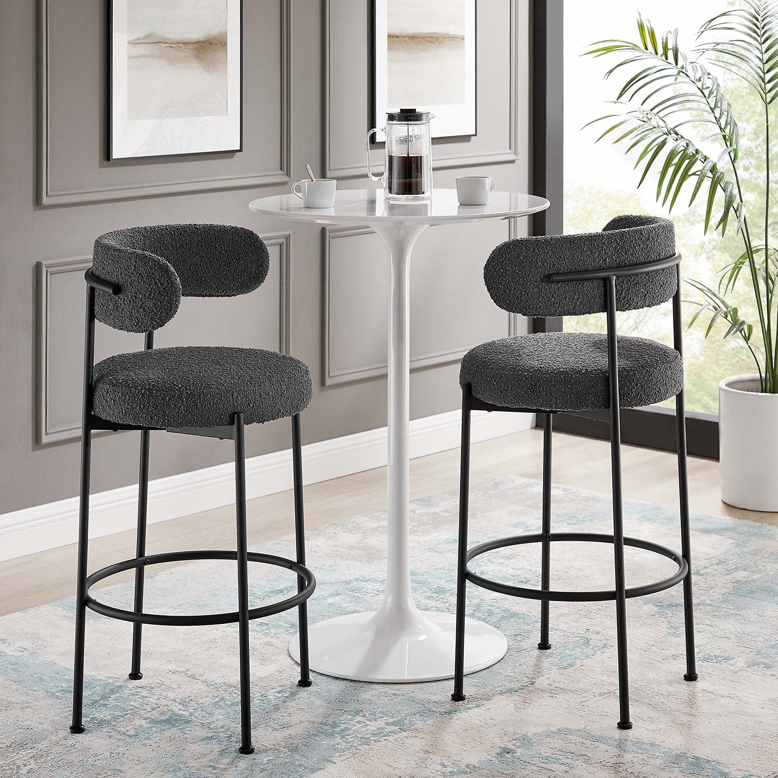 Modway Albie Boucle Fabric Bar Stools - Set of 2 in Charcoal Black ...
