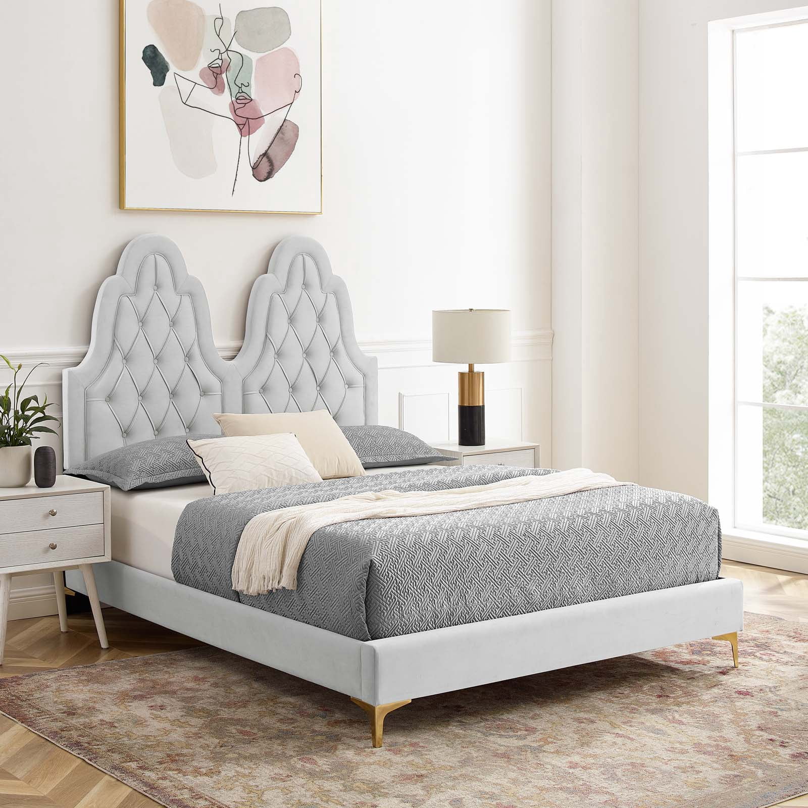 Modway Alexandria Tufted Performance Velvet King Platform Bed in Light ...