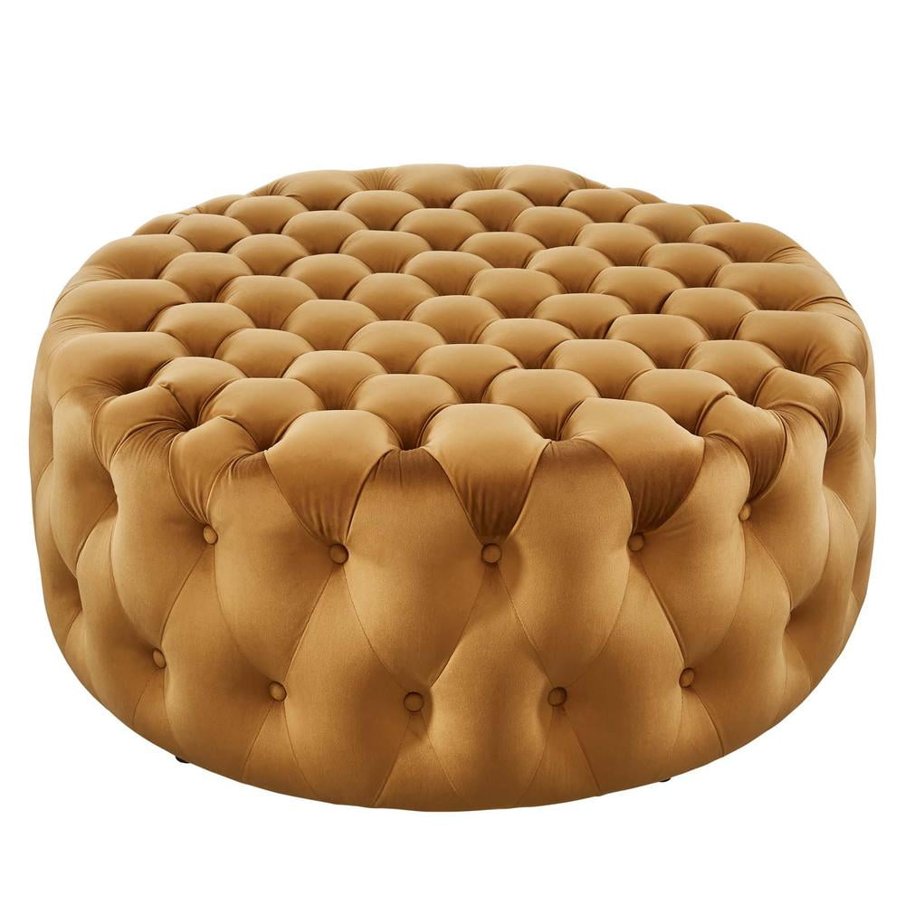 Amour Tufted Button Large Round Performance Velvet Ottoman Cognac ...