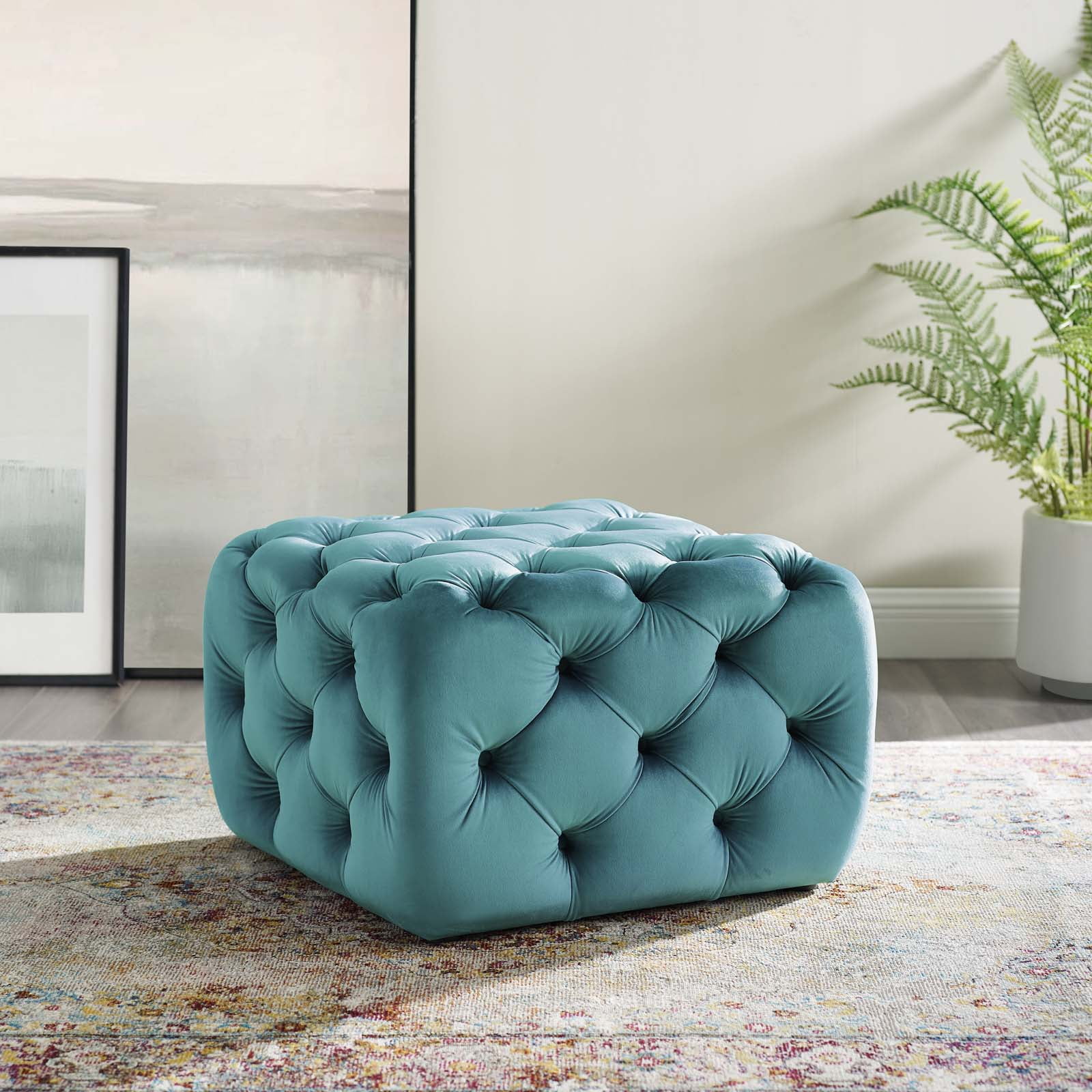 Modway Amour Tufted Button Square Performance Velvet Ottoman in Sea ...