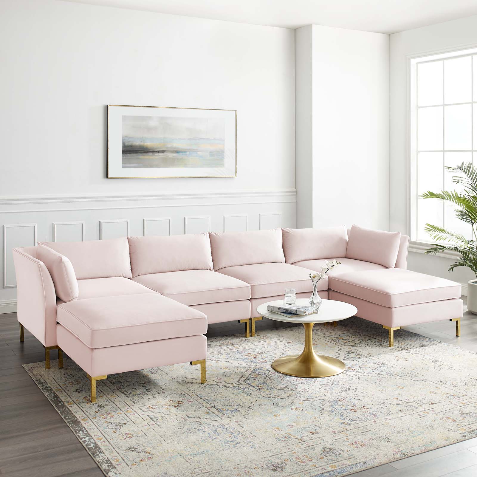 Modway Ardent 6-Piece Performance Velvet Sectional Sofa in Pink ...