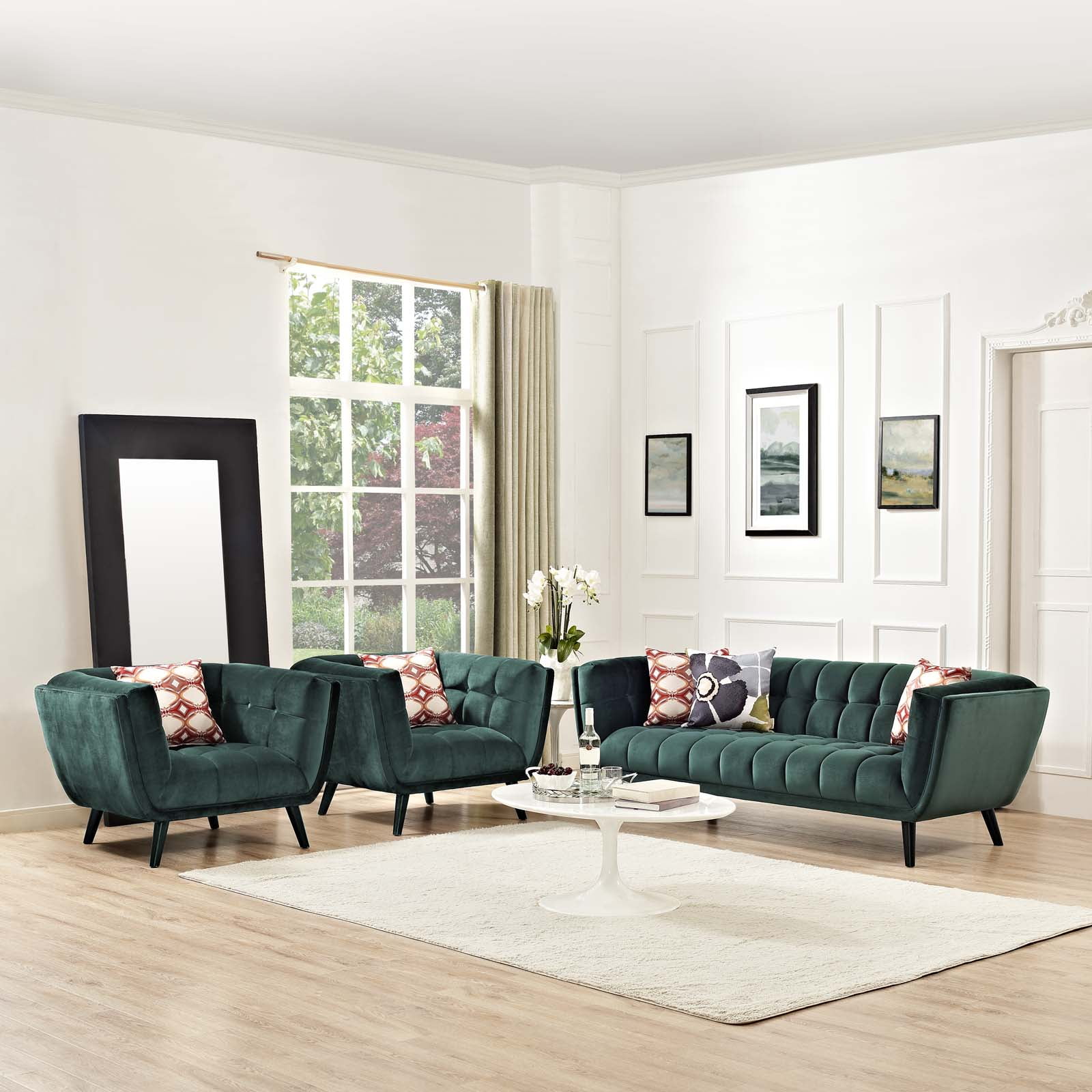 Modway Bestow 3 Piece Performance Velvet Sofa and Armchair Set in Green ...