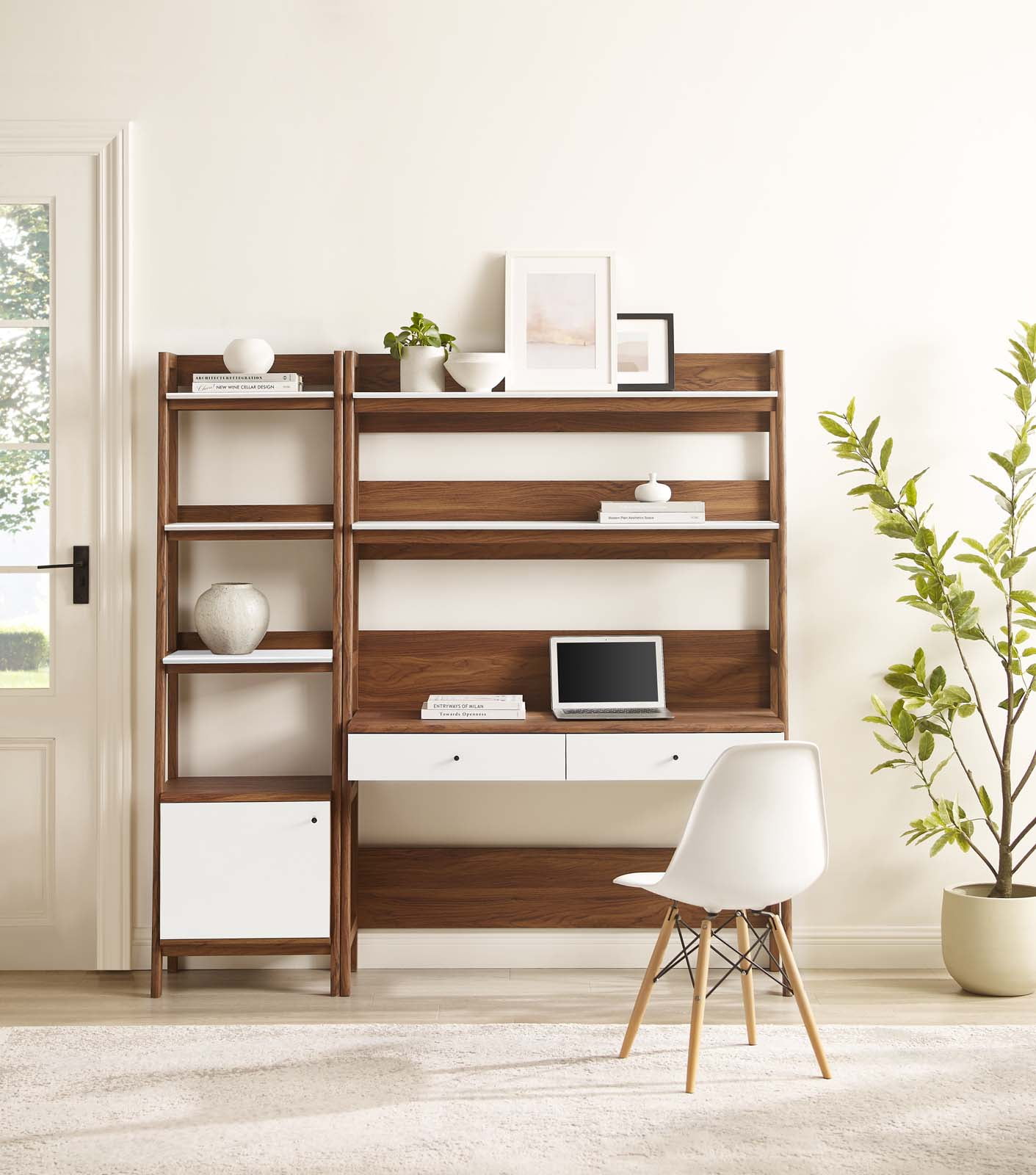 Modway Bixby 2-Piece Wood Office Desk with Drawers and Bookshelves ...