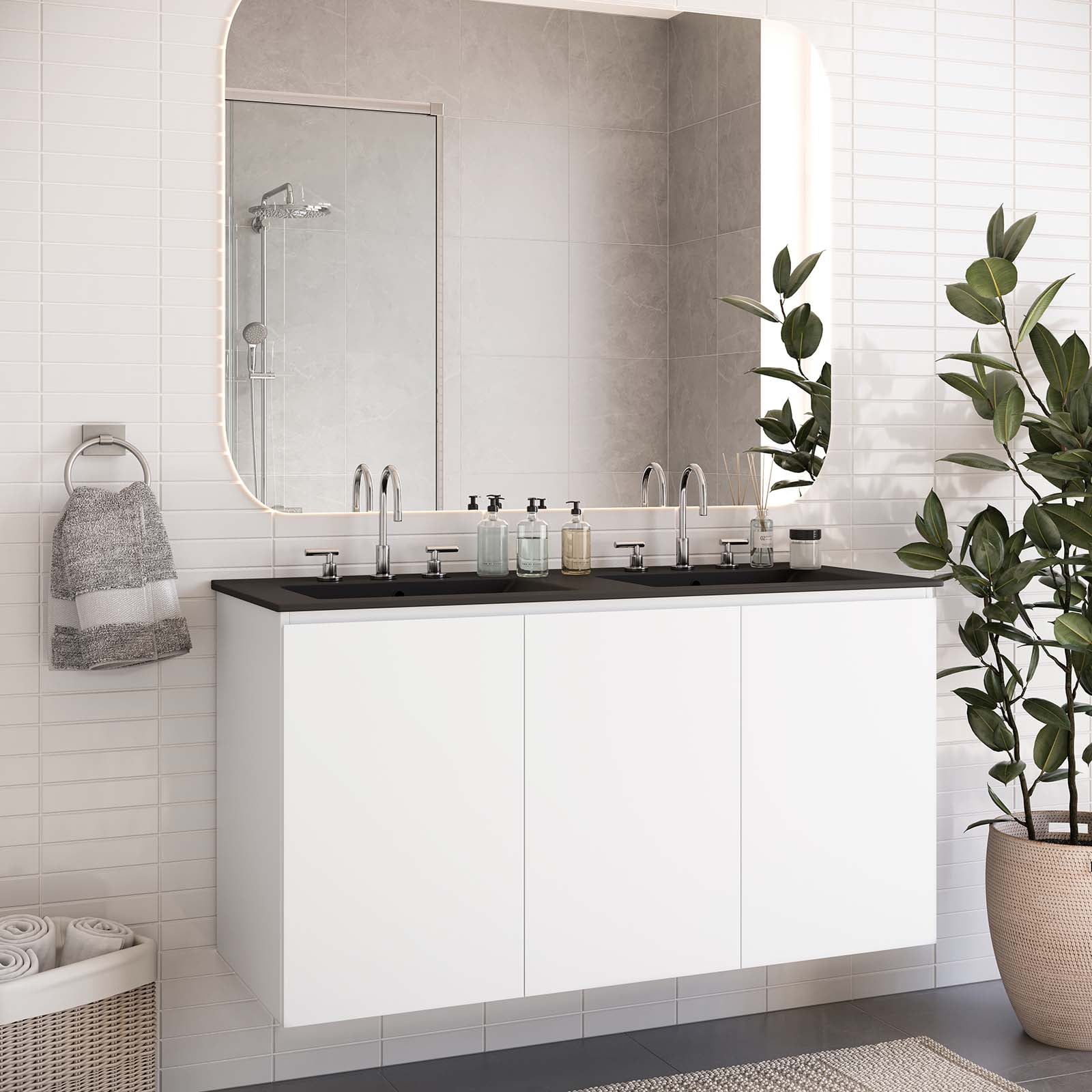 "Modway Bryn 48"" Wall-Mount Double Sink Bathroom Vanity in White Black ...