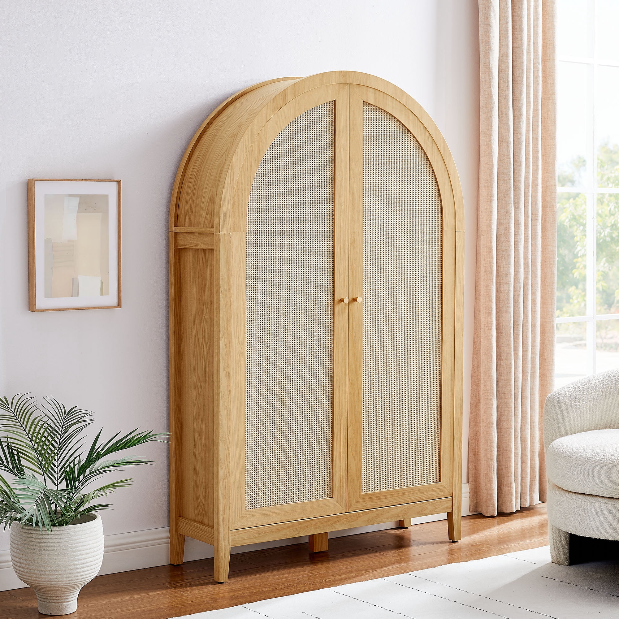 Calista 63 Inch Arched Storage Cabinet With Folding Desk in Oak ...