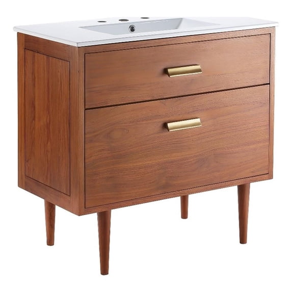 "Modway Single Sink Cassia 36"" Mid-Century Bathroom Vanity in Natural ...
