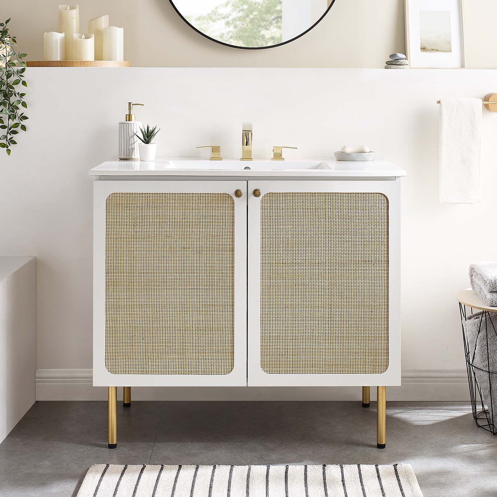 Modway Chaucer 36" Wood & Rattan Bathroom Vanity Cabinet in White ...
