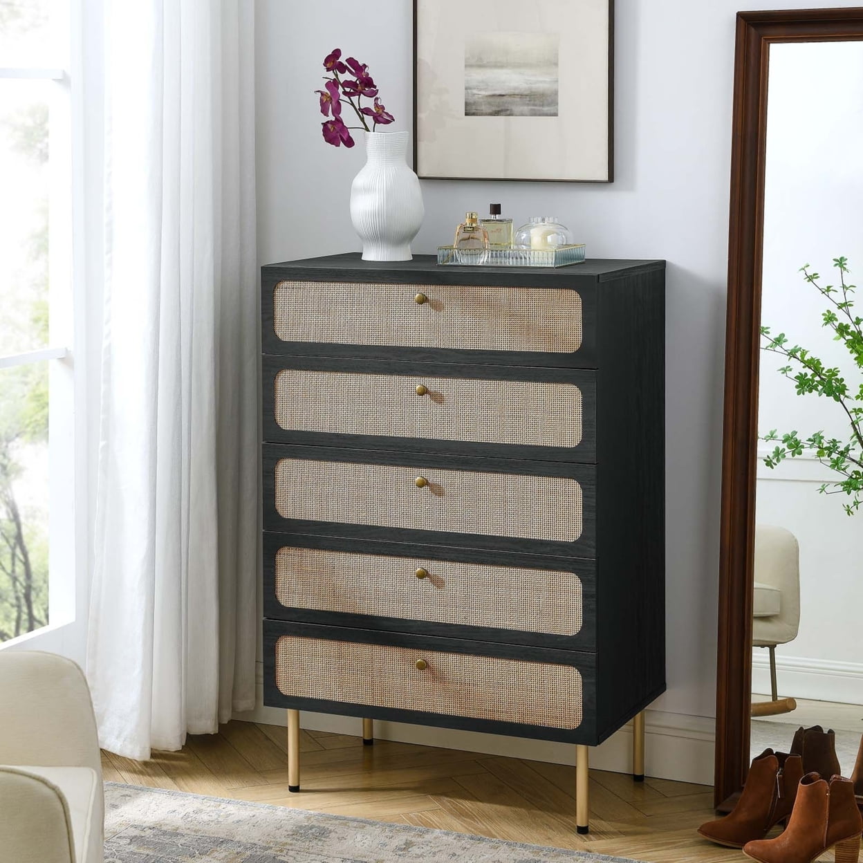 Modway Chaucer 5-Drawer Particleboard and Rattan Chest in Black ...
